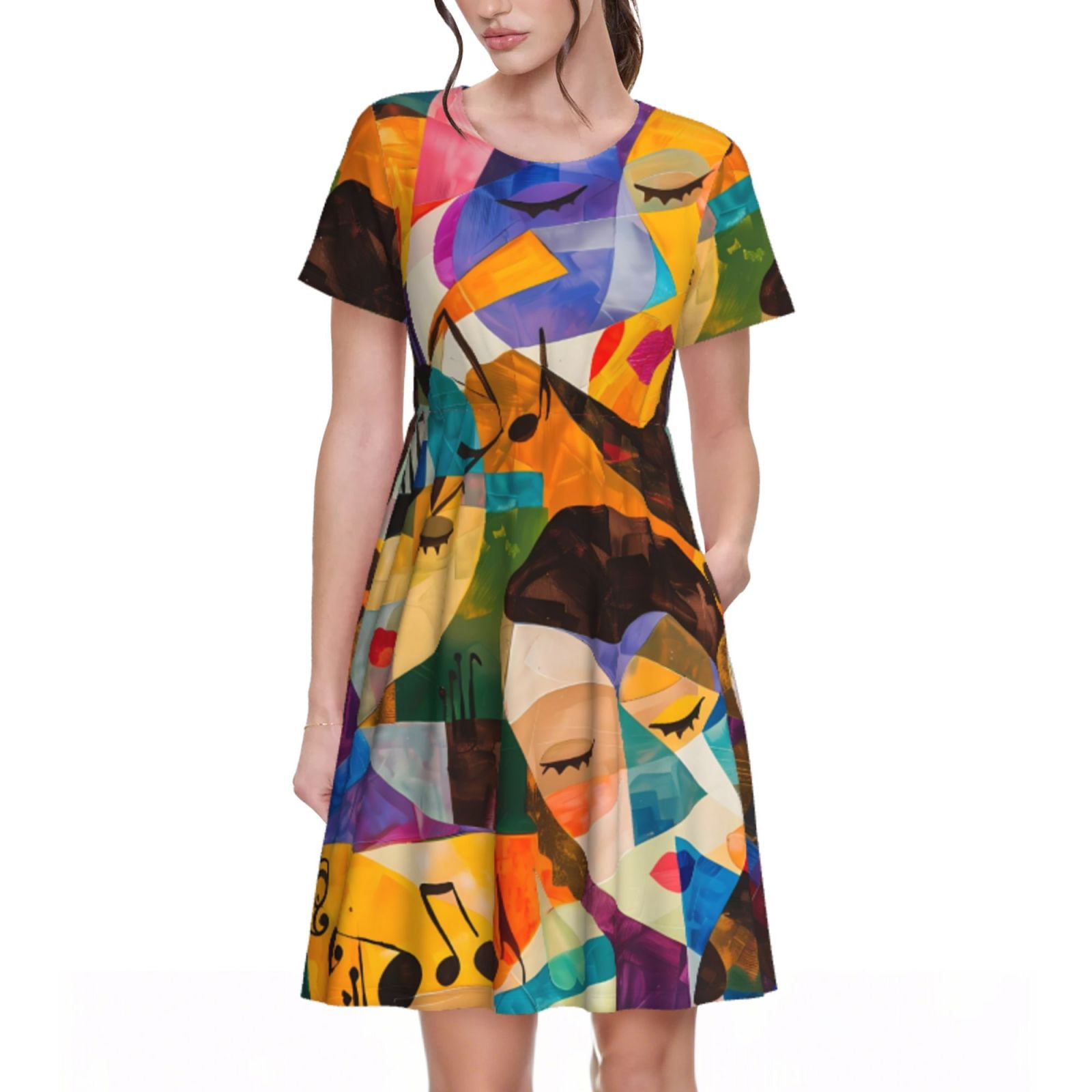 Coaee Abstract Musical Faces for Casual Dress for Women Short Sleeve ...