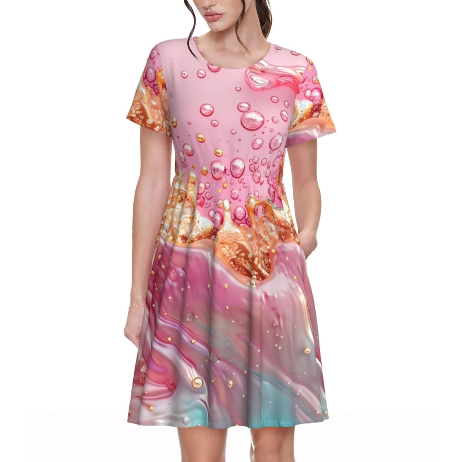 Coaee Abstract Pink Gold Splash for Casual Dress for Women Short Sleeve ...