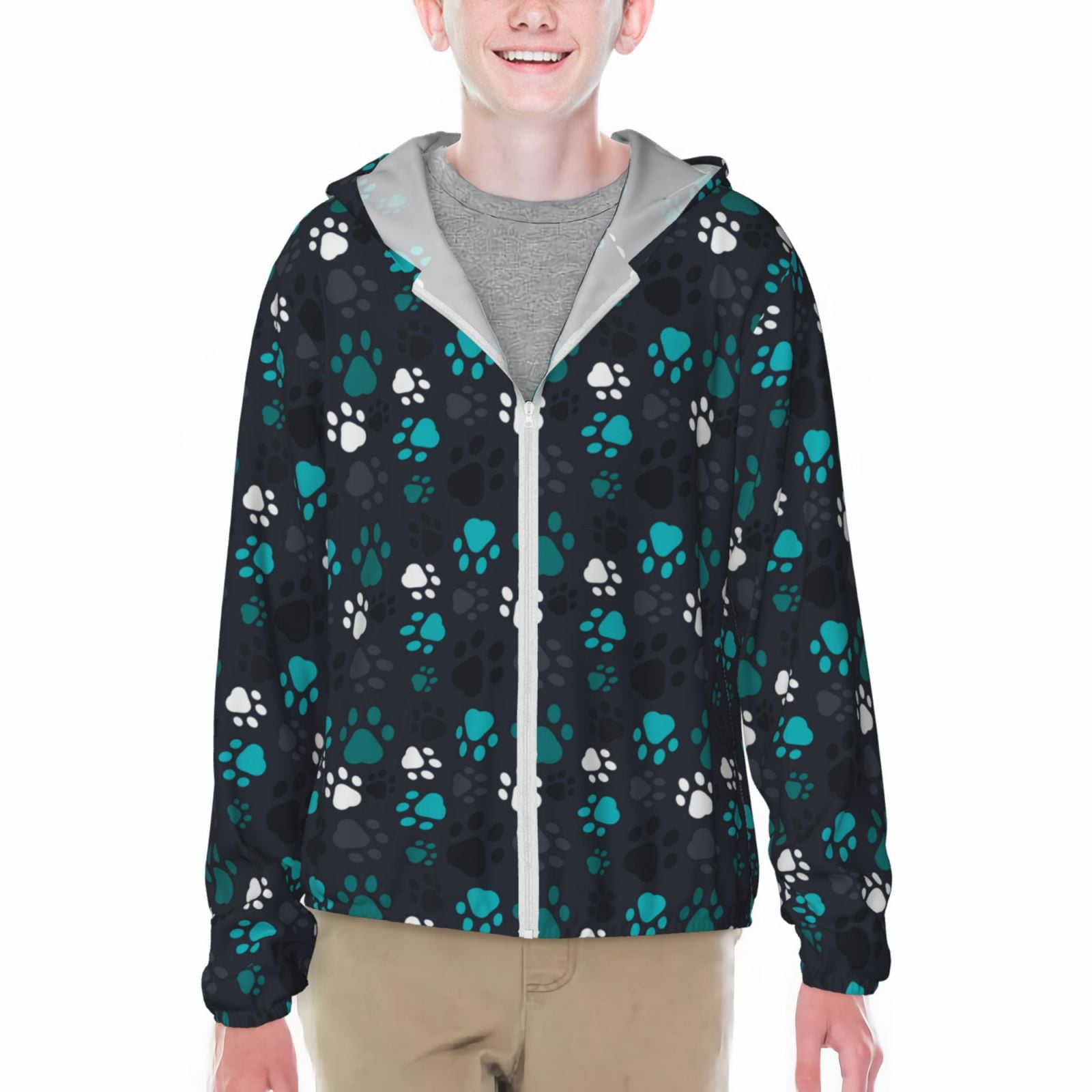 Coaee Animal Footprints Print Teen's UPF 50+ Sun Protection Outdoor Lightweight Full Zip Hoodie ...