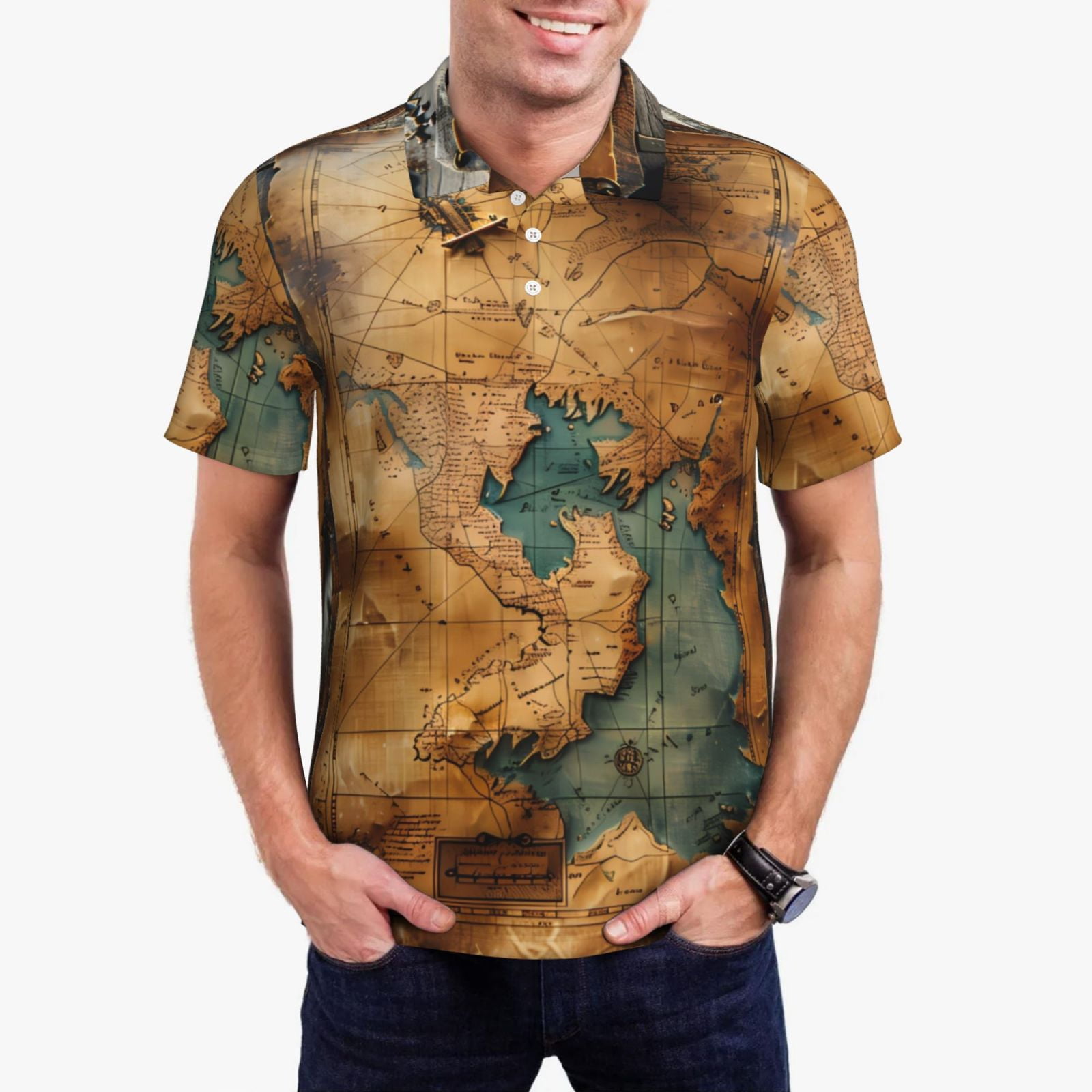Coaee Antique Map Adventure Scene for Men's Polo Shirts Mens Polo ...