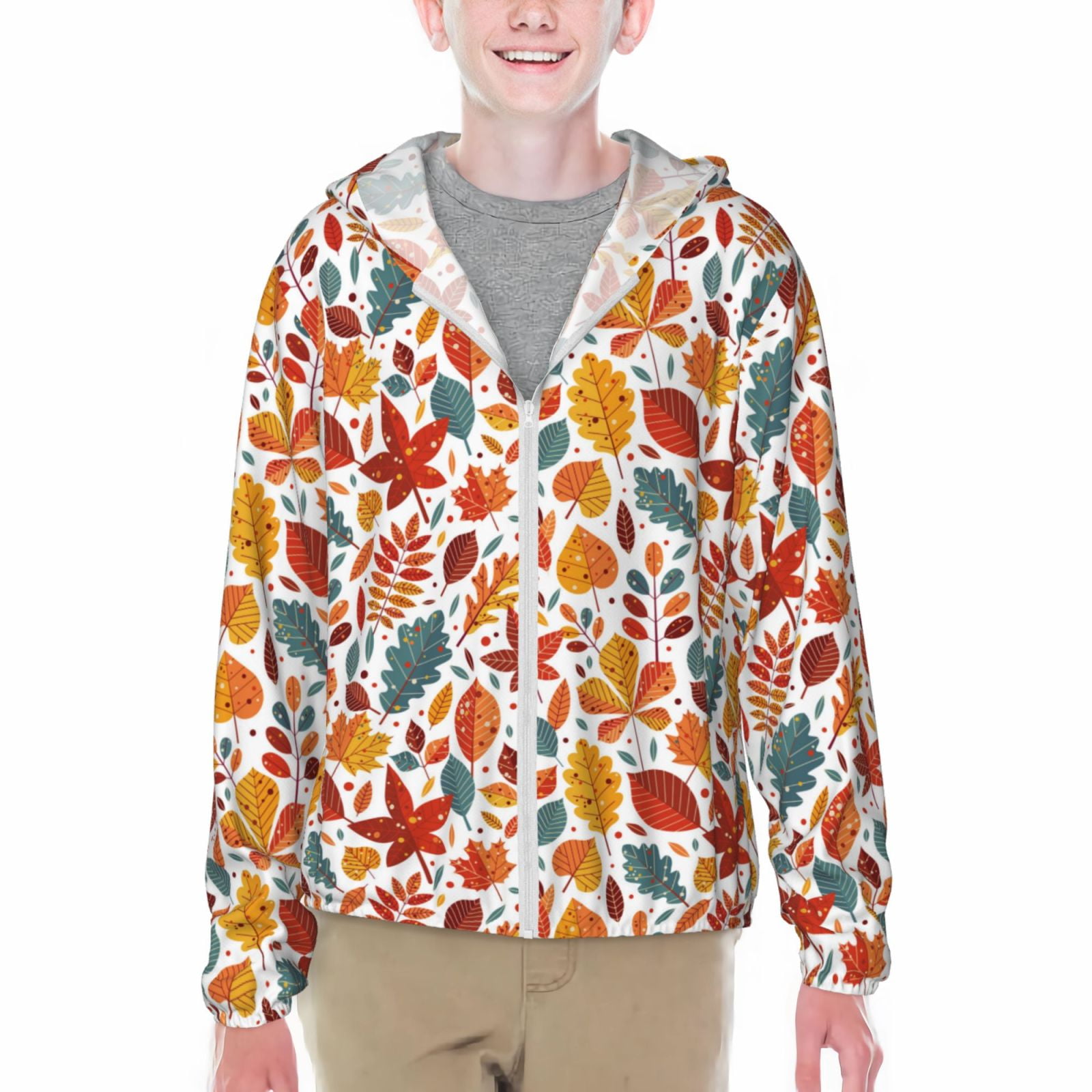 Coaee Autumn Leaves Print Teen's UPF 50+ Sun Protection Outdoor Lightweight Full Zip Hoodie Long ...