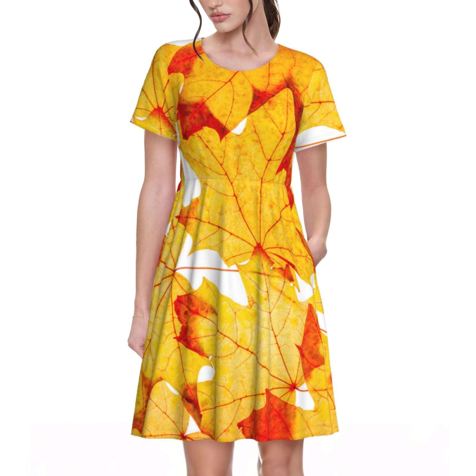 Coaee Autumn Maple Leaves for Casual Dress for Women Short Sleeve ...