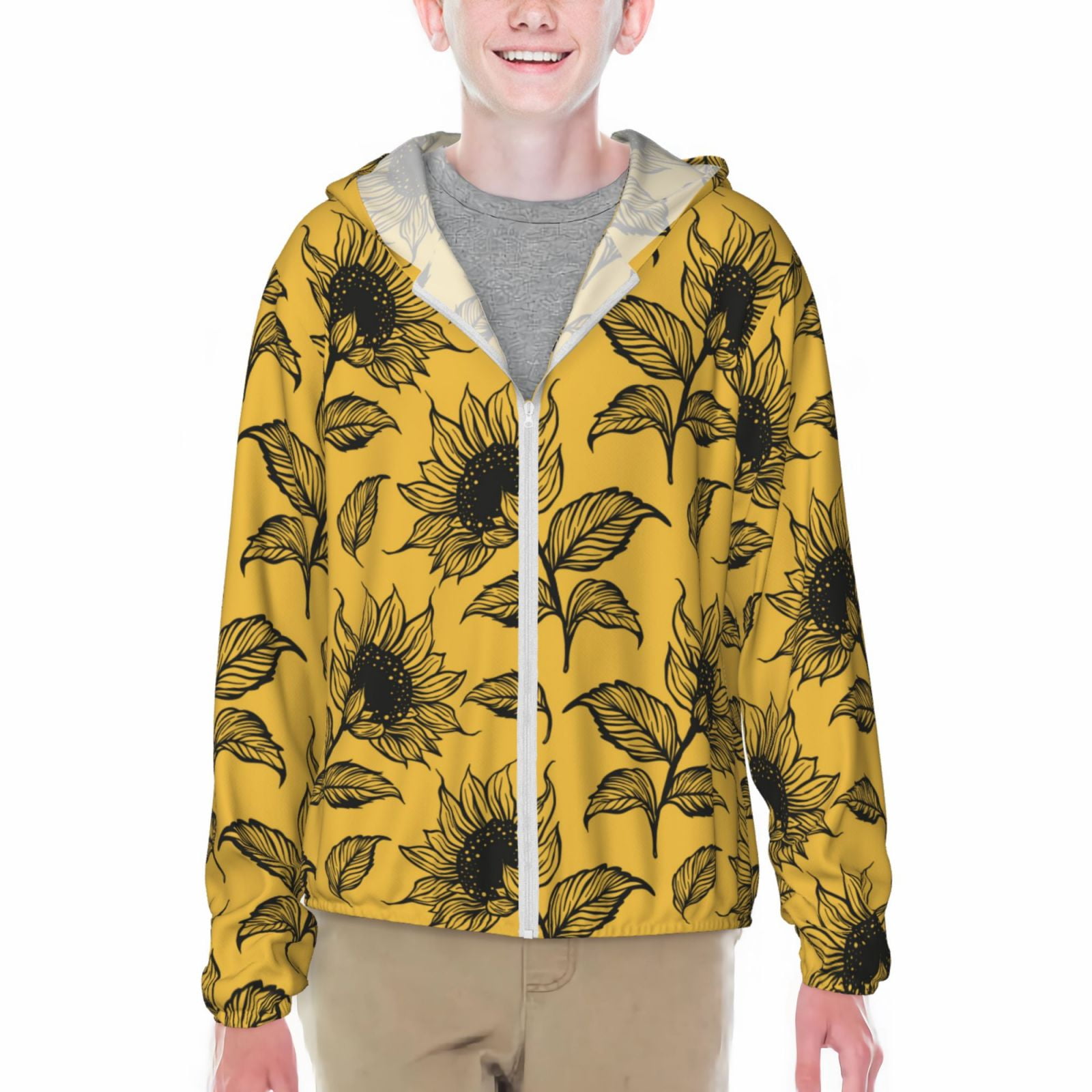 Coaee Autumn Sunflower Print Teen's UPF 50+ Sun Protection Outdoor Lightweight Full Zip Hoodie ...