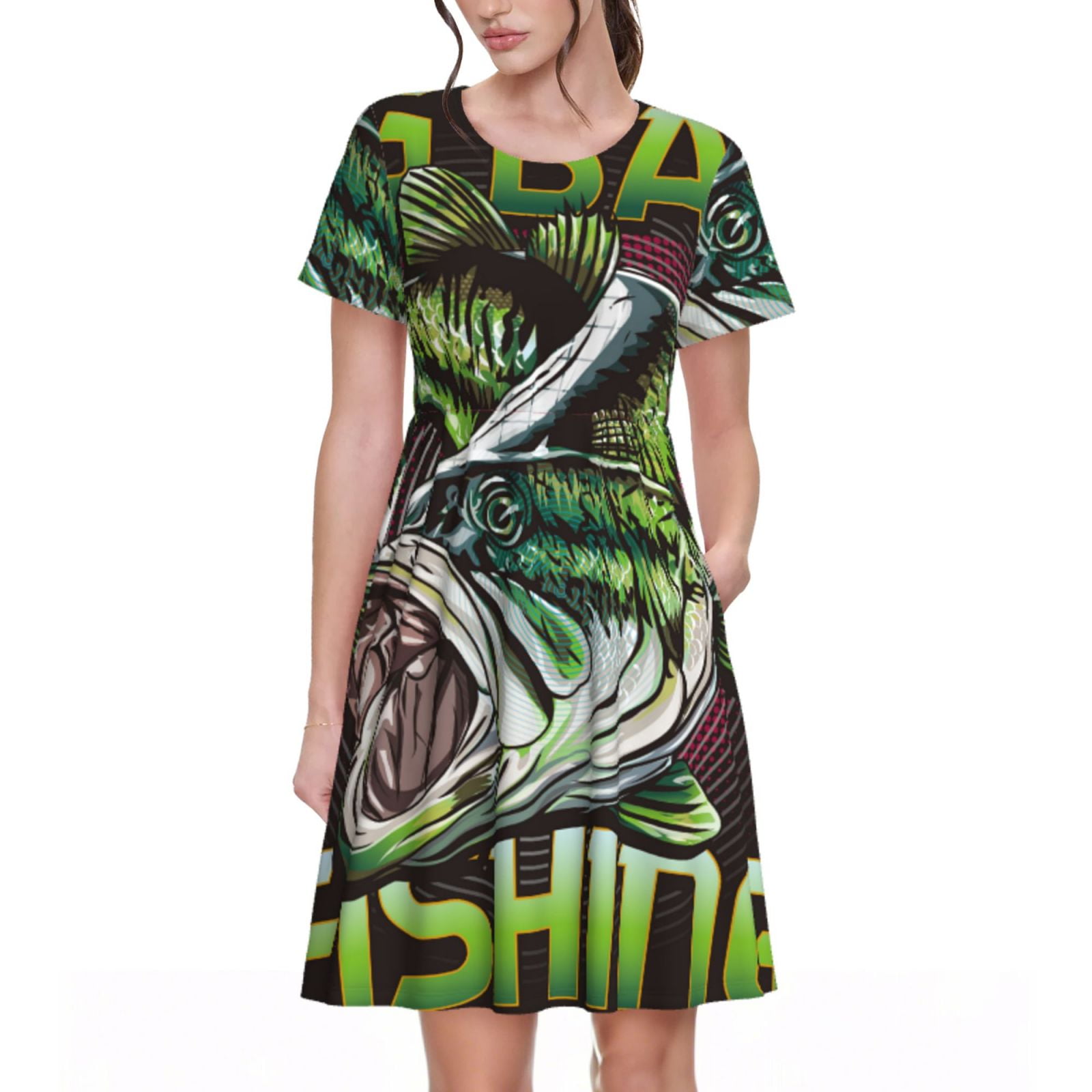 Coaee Big Bass Fish for Casual Dress for Women Short Sleeve Dresses ...