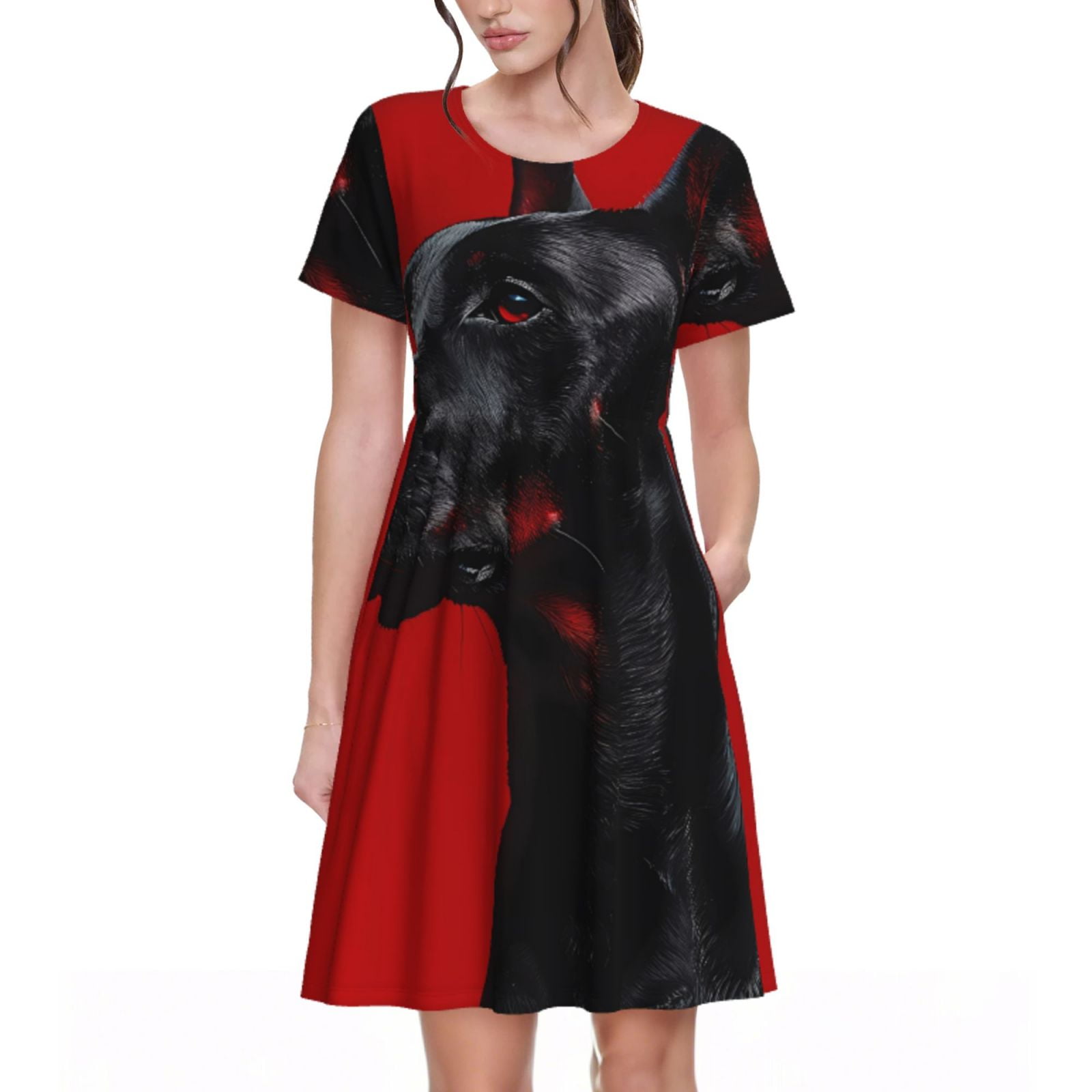 Coaee Black Dog Red Background for Casual Dress for Women Short Sleeve ...