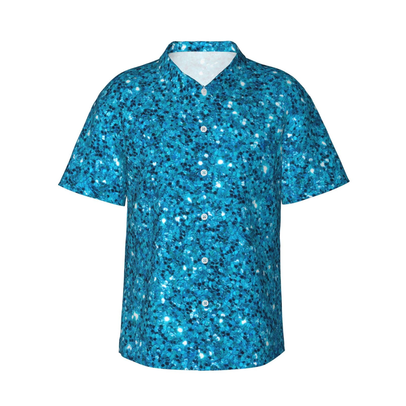 Coaee Blue Glitter Men'S Hawaiian Loose Shirts Short Sleeve Button Down ...