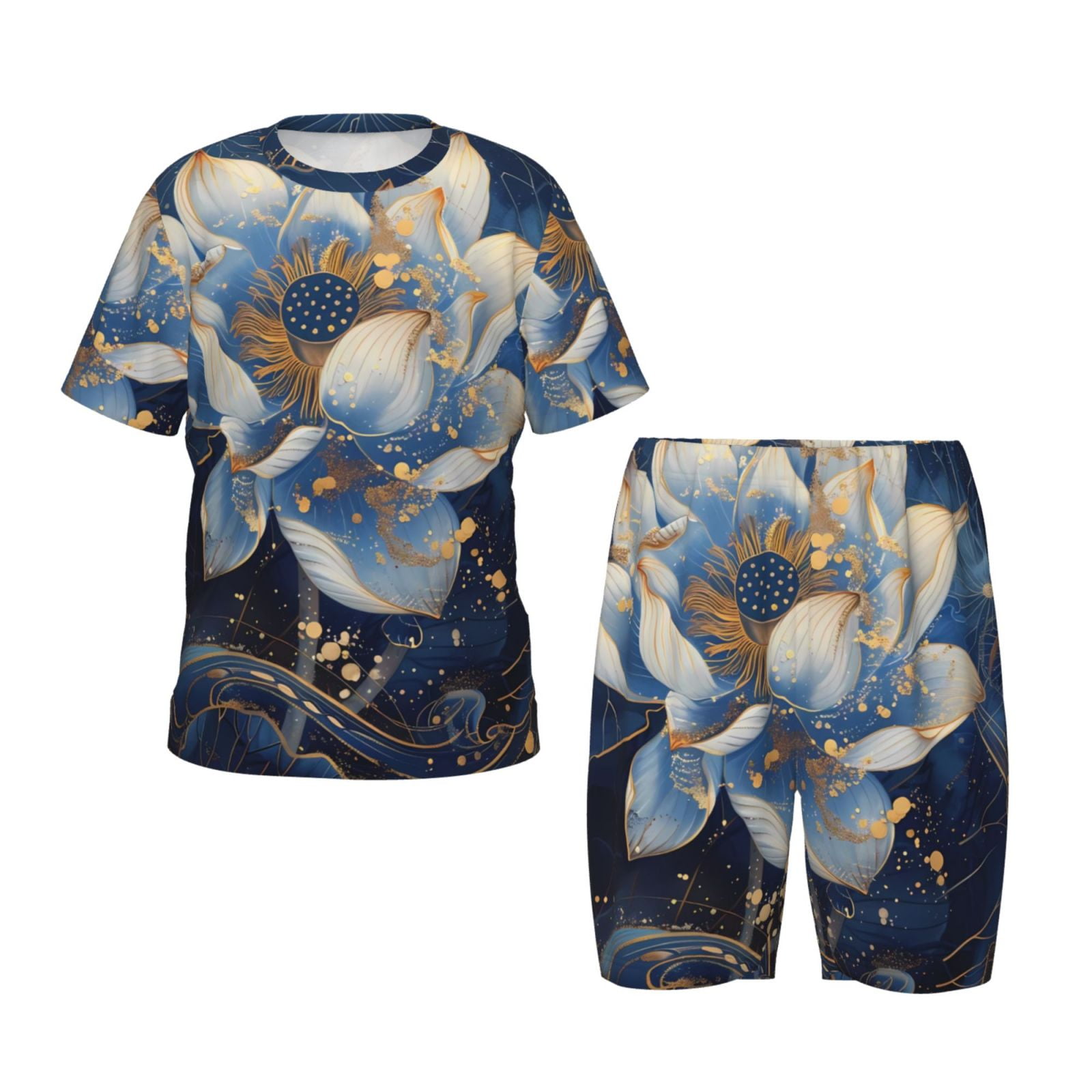 Coaee Blue Golden Dream Lotus for Short Sleeve Pajamas Kids Summer Pjs ...