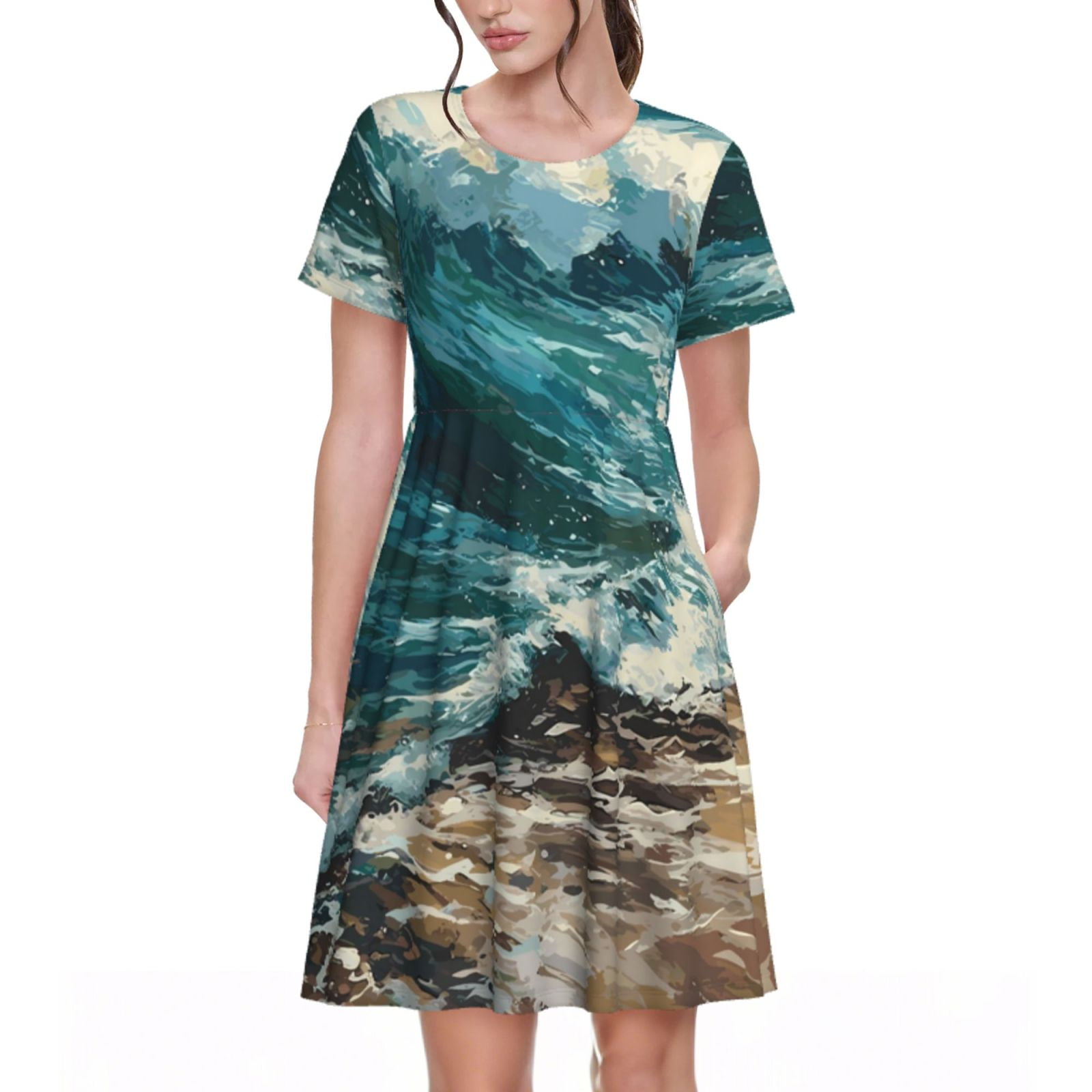 Coaee Blue Ocean Waves for Casual Dress for Women Short Sleeve Dresses ...