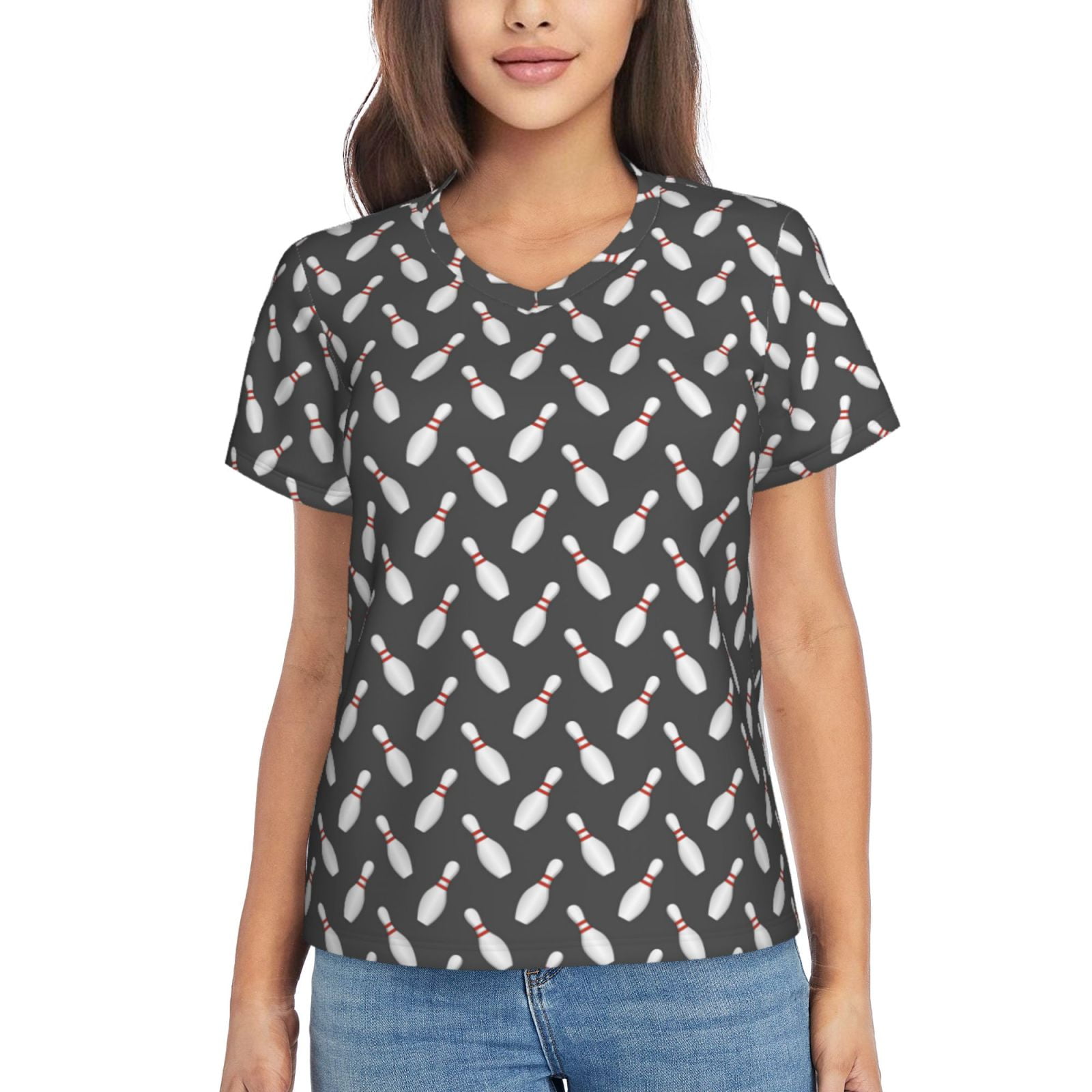 Coaee Bowling Pins for Women's Classic Fit T Shirts Short Sleeve V Neck ...