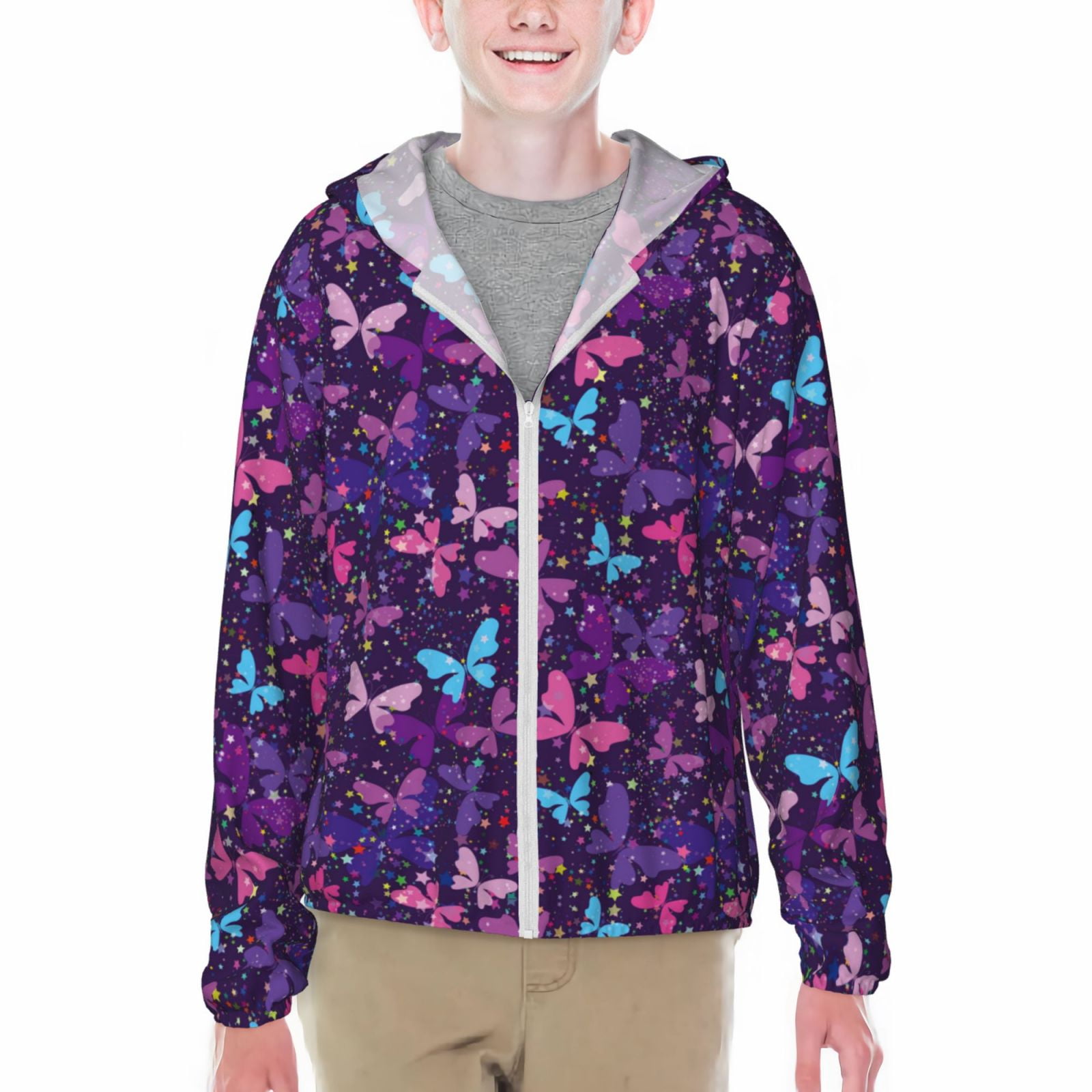 Coaee Bright Purple Butterflies Print Teen's UPF 50+ Sun Protection Outdoor Lightweight Full Zip ...