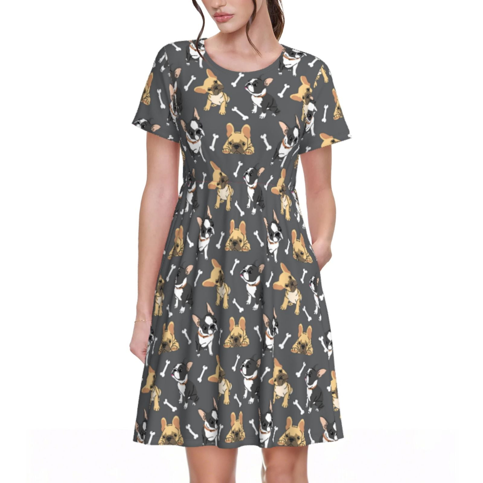 Coaee Bulldog Print for Casual Dress for Women Short Sleeve Dresses ...