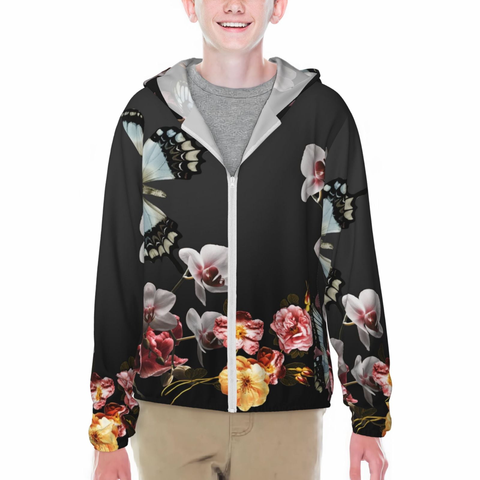Coaee Butterfly with Fowers Print Teen's UPF 50+ Sun Protection Outdoor Lightweight Full Zip ...
