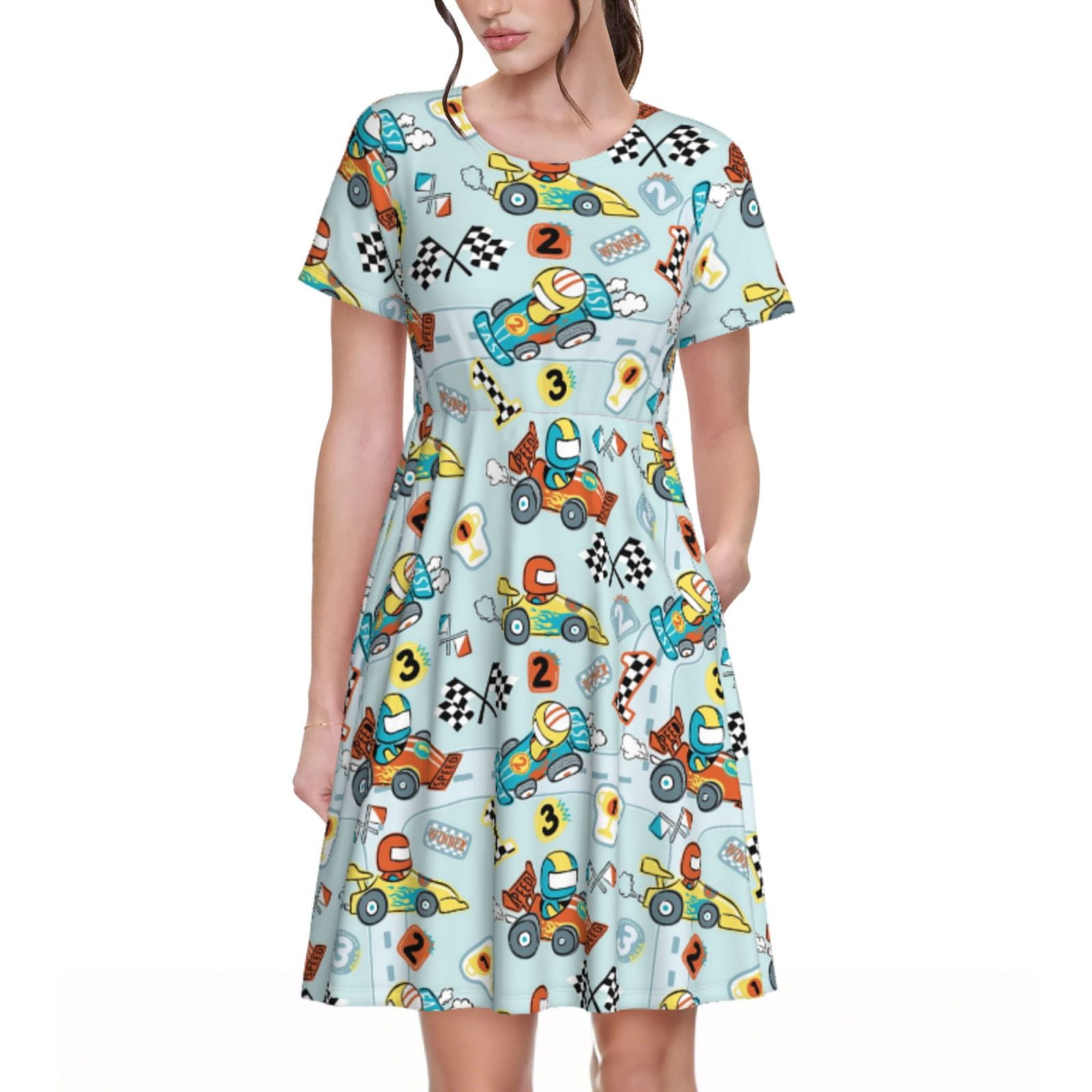 Coaee Cartoon Car Racing for Casual Dress for Women Short Sleeve ...