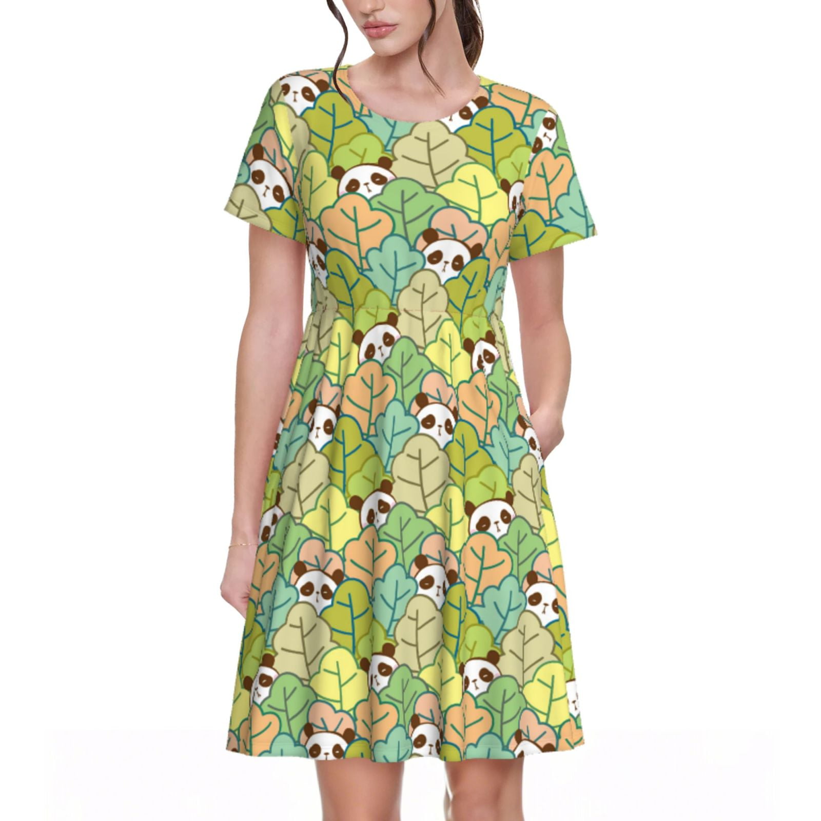 Coaee Cartoon Panda And Leaf for Casual Dress for Women Short Sleeve ...