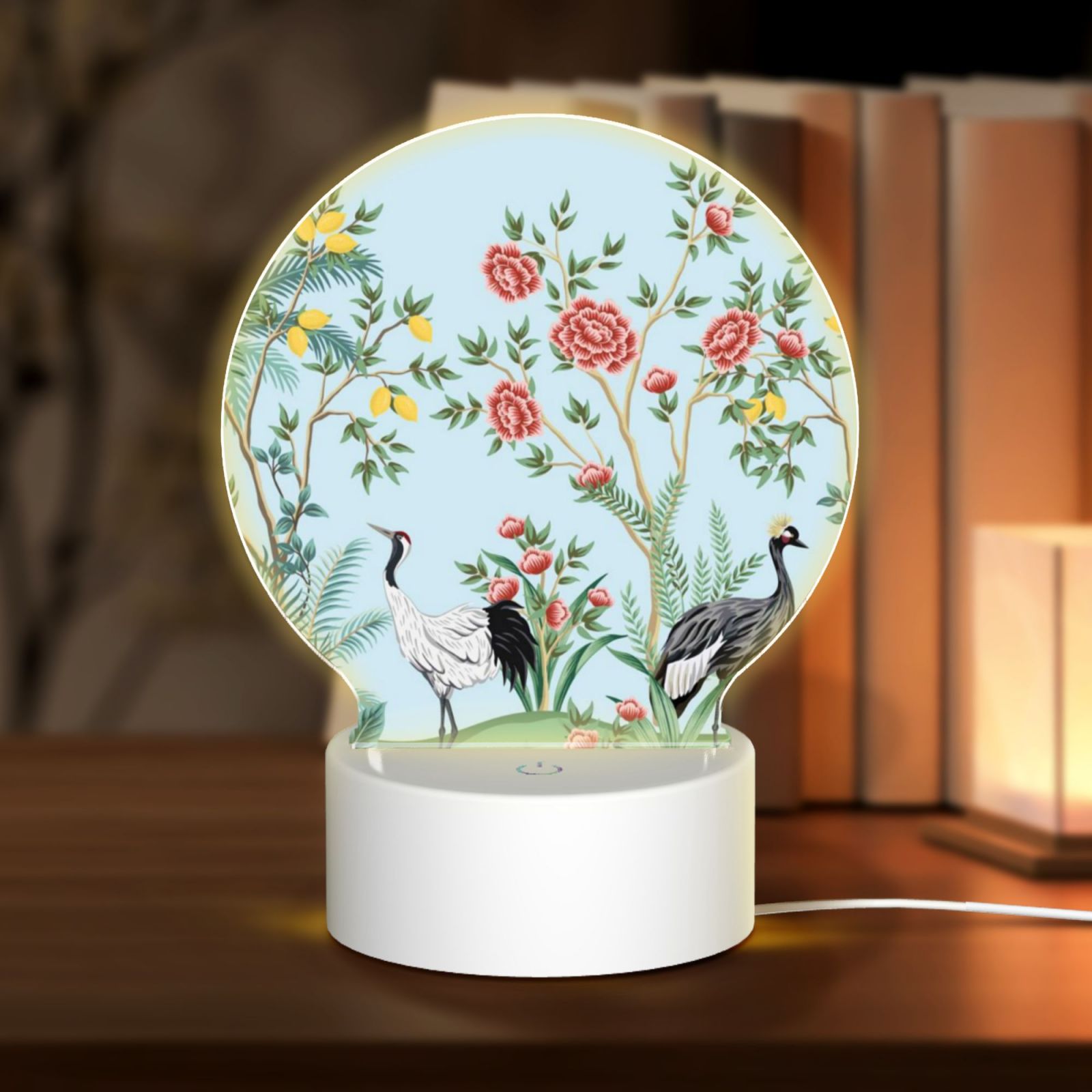 Coaee Chinoiserie Floral Palm Tree for Round Acrylic LED Desk Lamp 3 ...