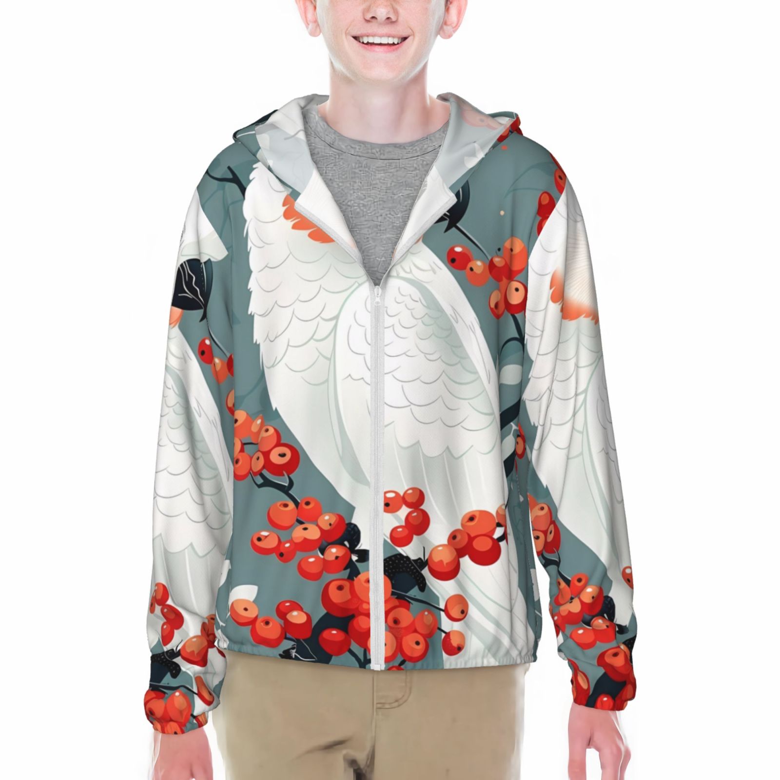 Coaee Cockatoo Red Berries Print Teen's UPF 50+ Sun Protection Outdoor Lightweight Full Zip ...