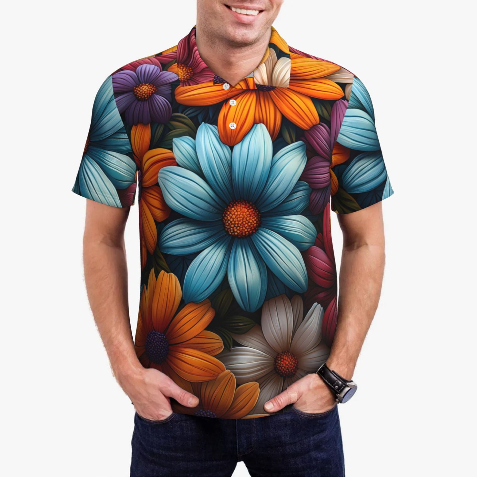 Coaee Colorful Blooming Flowers for Men's Polo Shirts Mens Polo Shirts ...