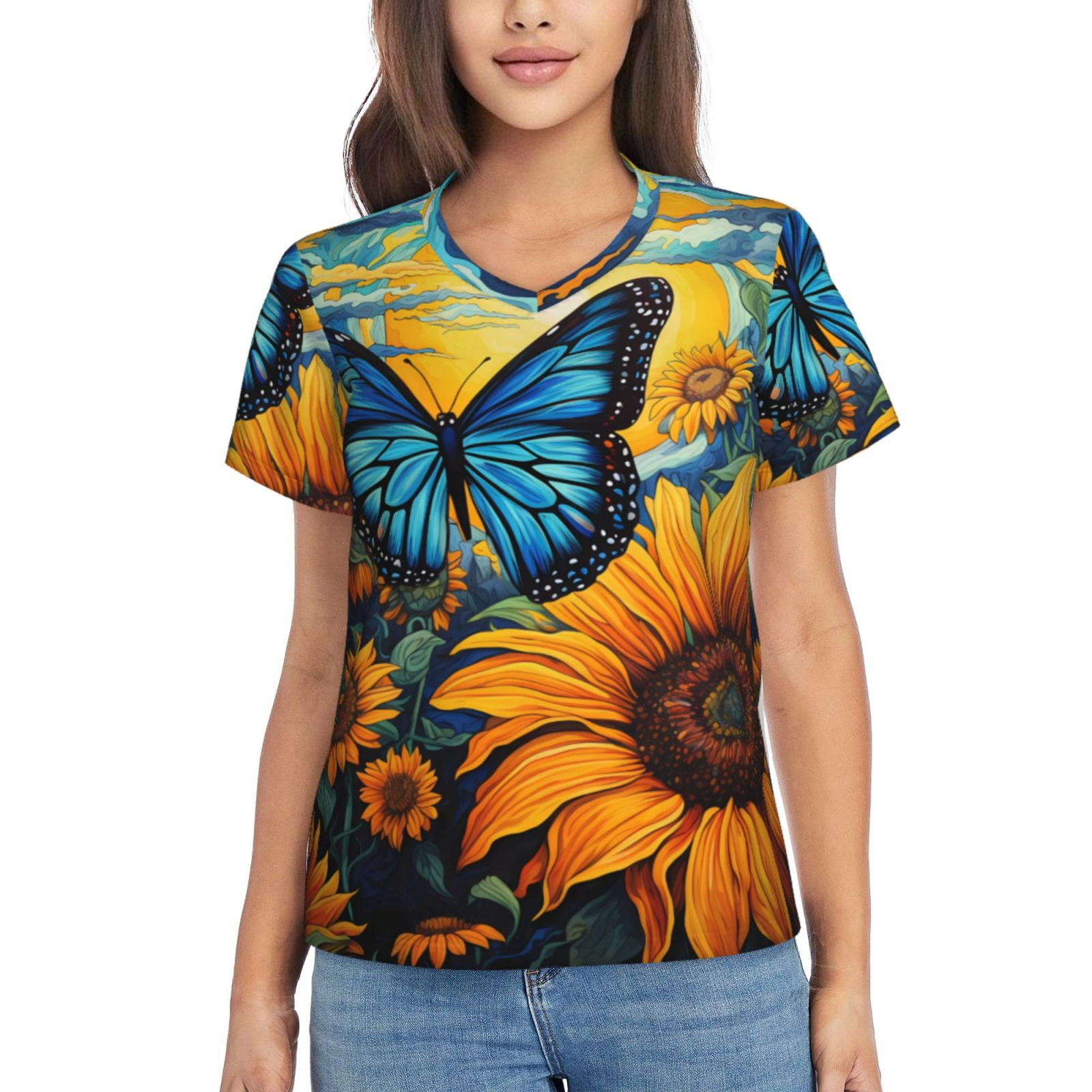 Coaee Colorful Cloud Butterfly Sunflower for Women's Classic Fit T ...