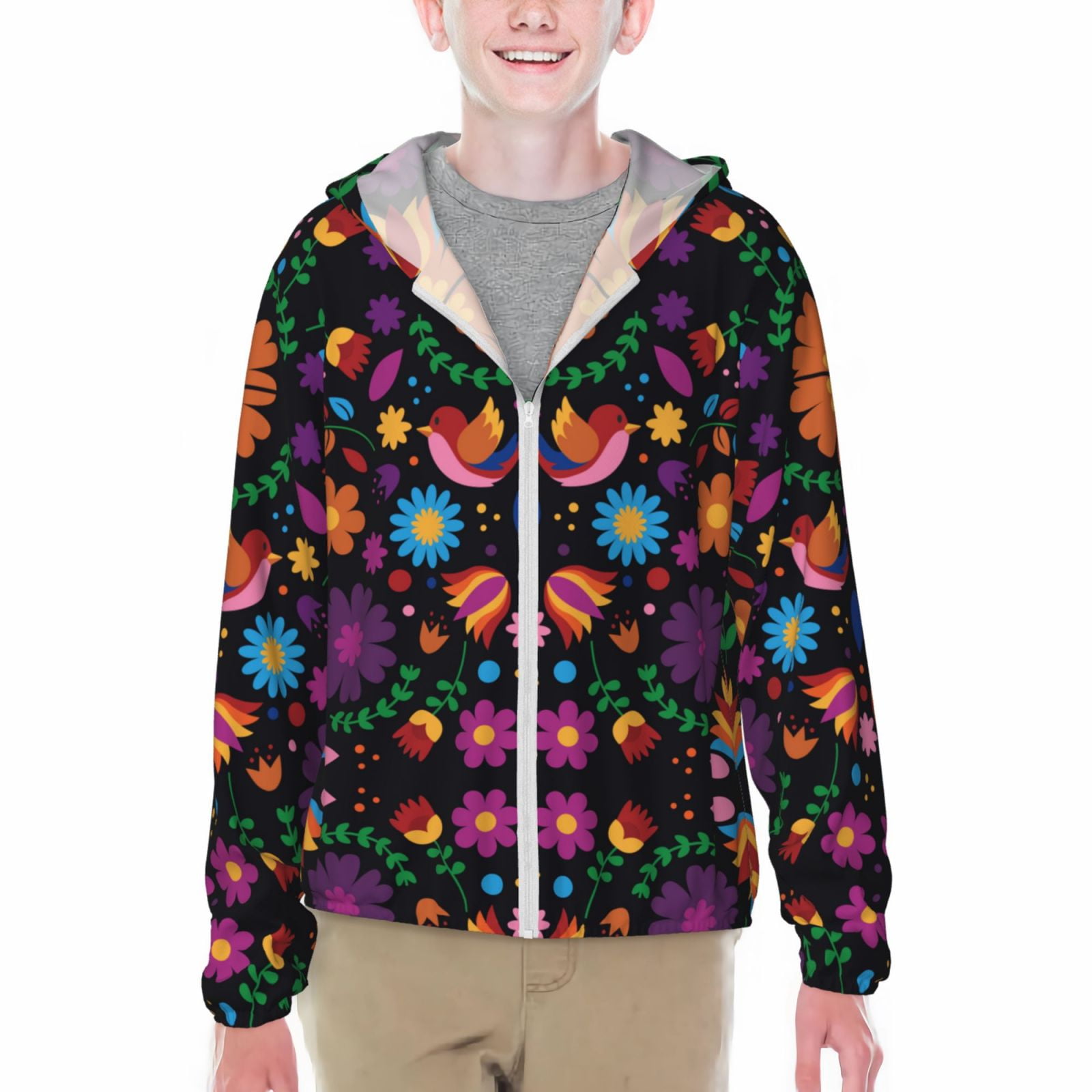 Coaee Colorful Floral2 Print Teen's UPF 50+ Sun Protection Outdoor Lightweight Full Zip Hoodie ...