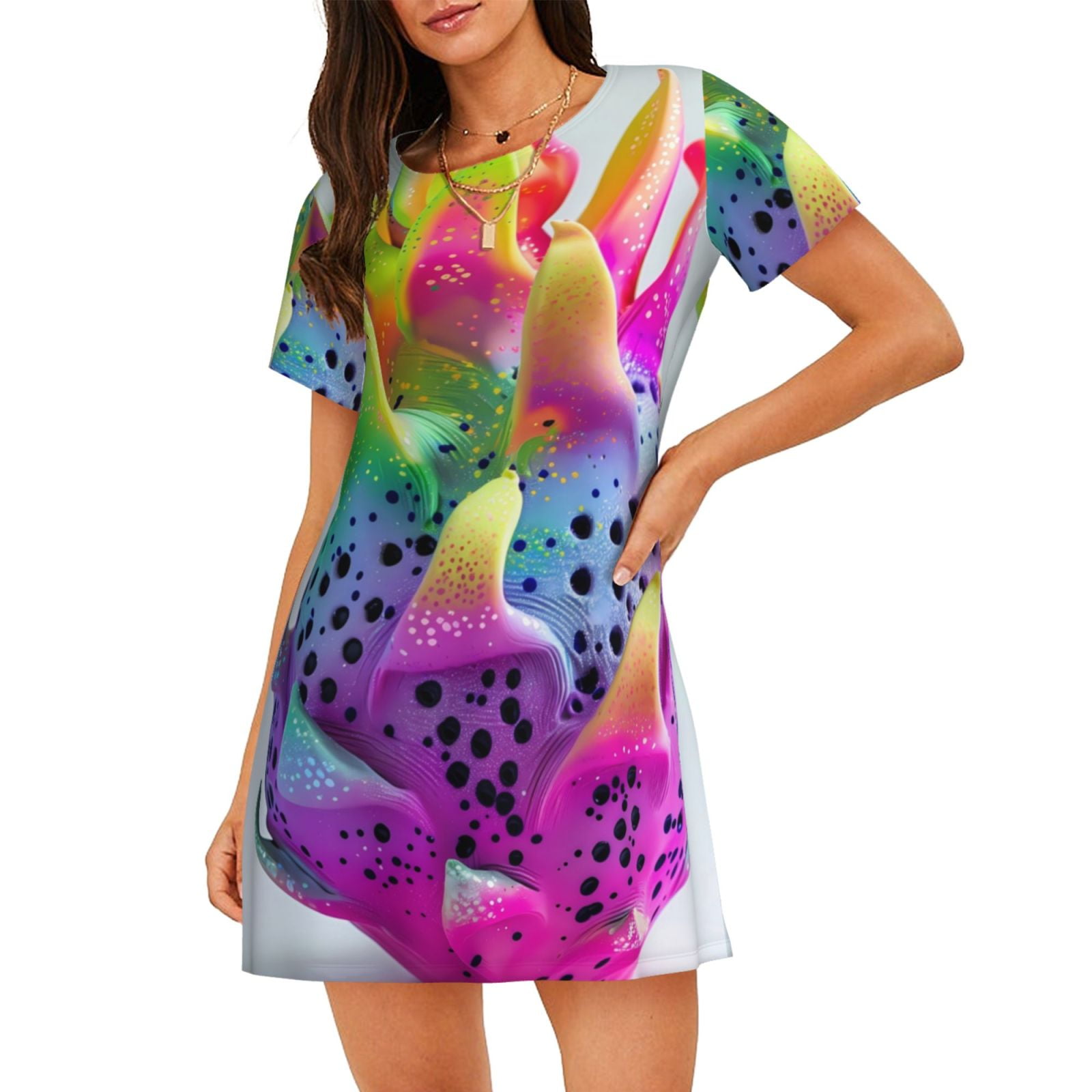 Coaee Colorful Glitter Dagon Fruit for Women's Short-sleeved Nightdress ...