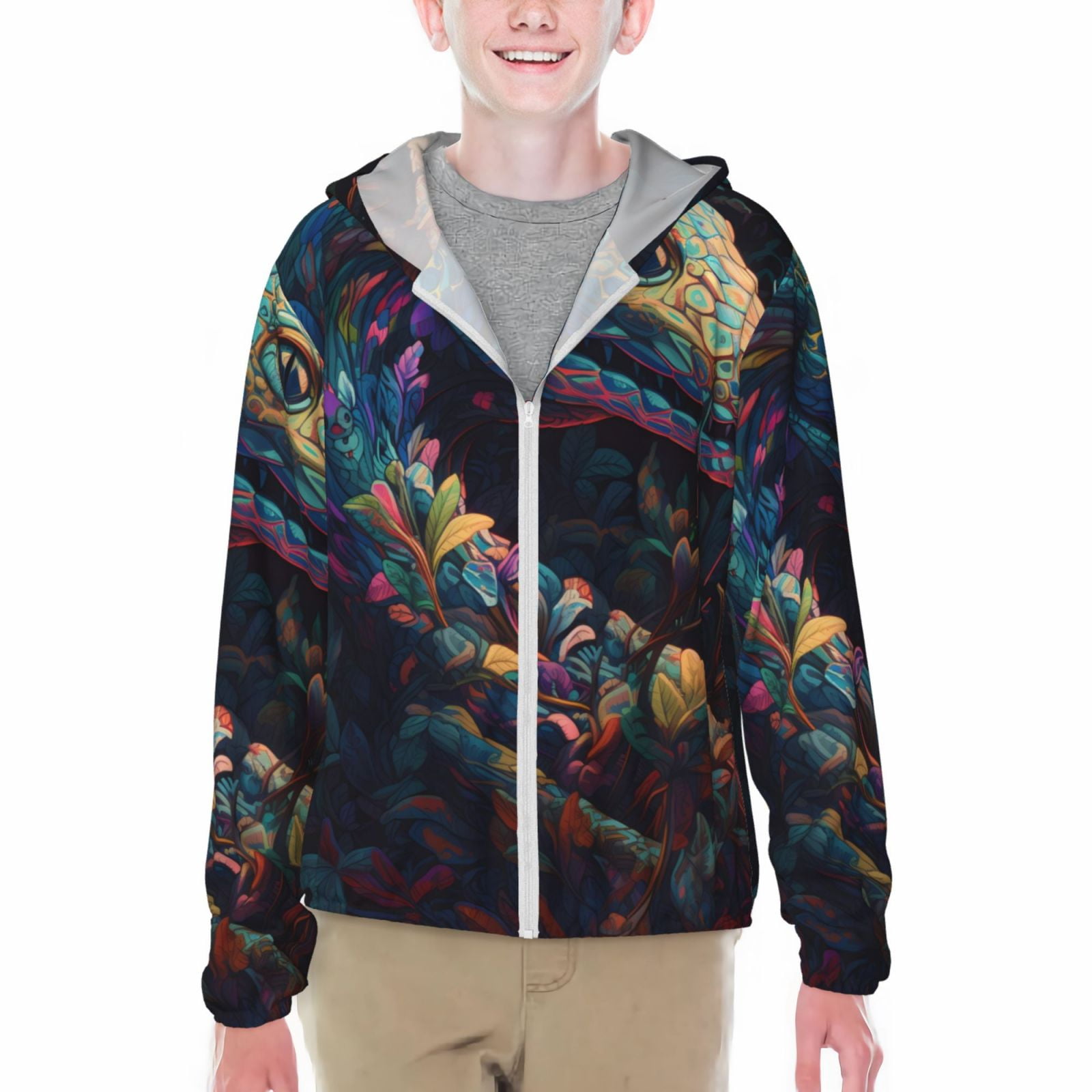 Coaee Colorful Patterned Snake Print Teen's UPF 50+ Sun Protection Outdoor Lightweight Full Zip ...