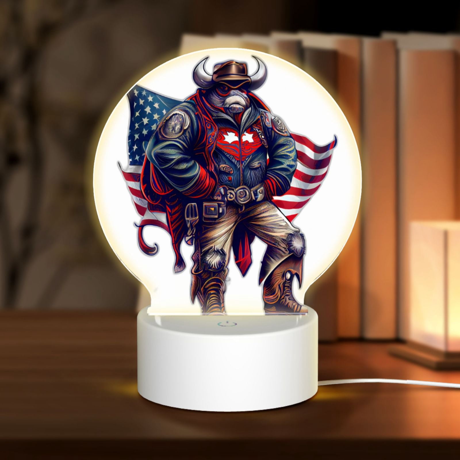 Coaee Cool Patriotic Buffalo Cowboy for Round Acrylic LED Desk Lamp 3 ...