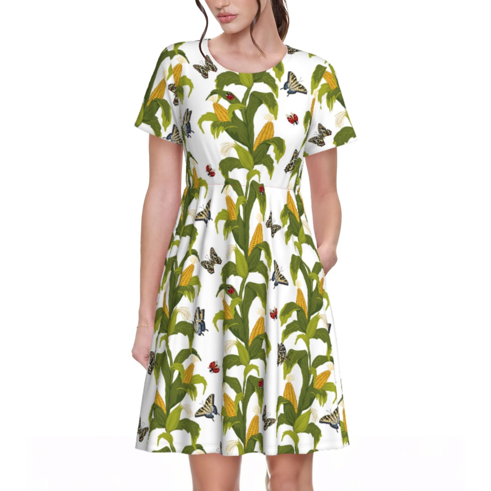 Coaee Corn And Butterflies for Casual Dress for Women Short Sleeve ...
