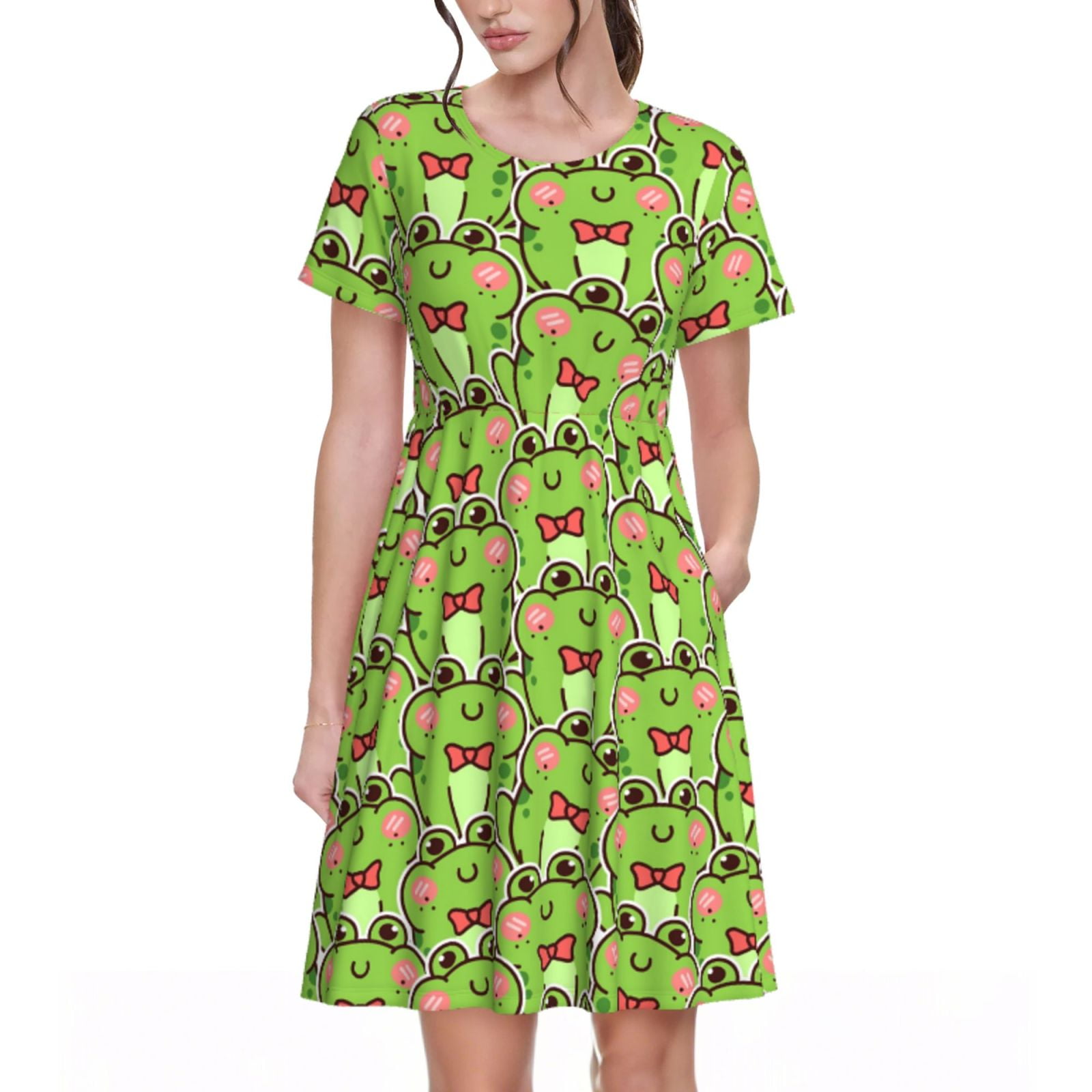 Coaee Cute Green Frog for Casual Dress for Women Short Sleeve Dresses ...