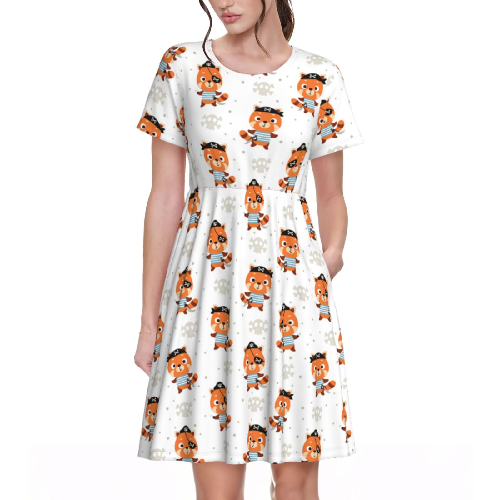 Coaee Cute Little Pirate Red Panda for Casual Dress for Women Short Sleeve Dresses with Pockets ...