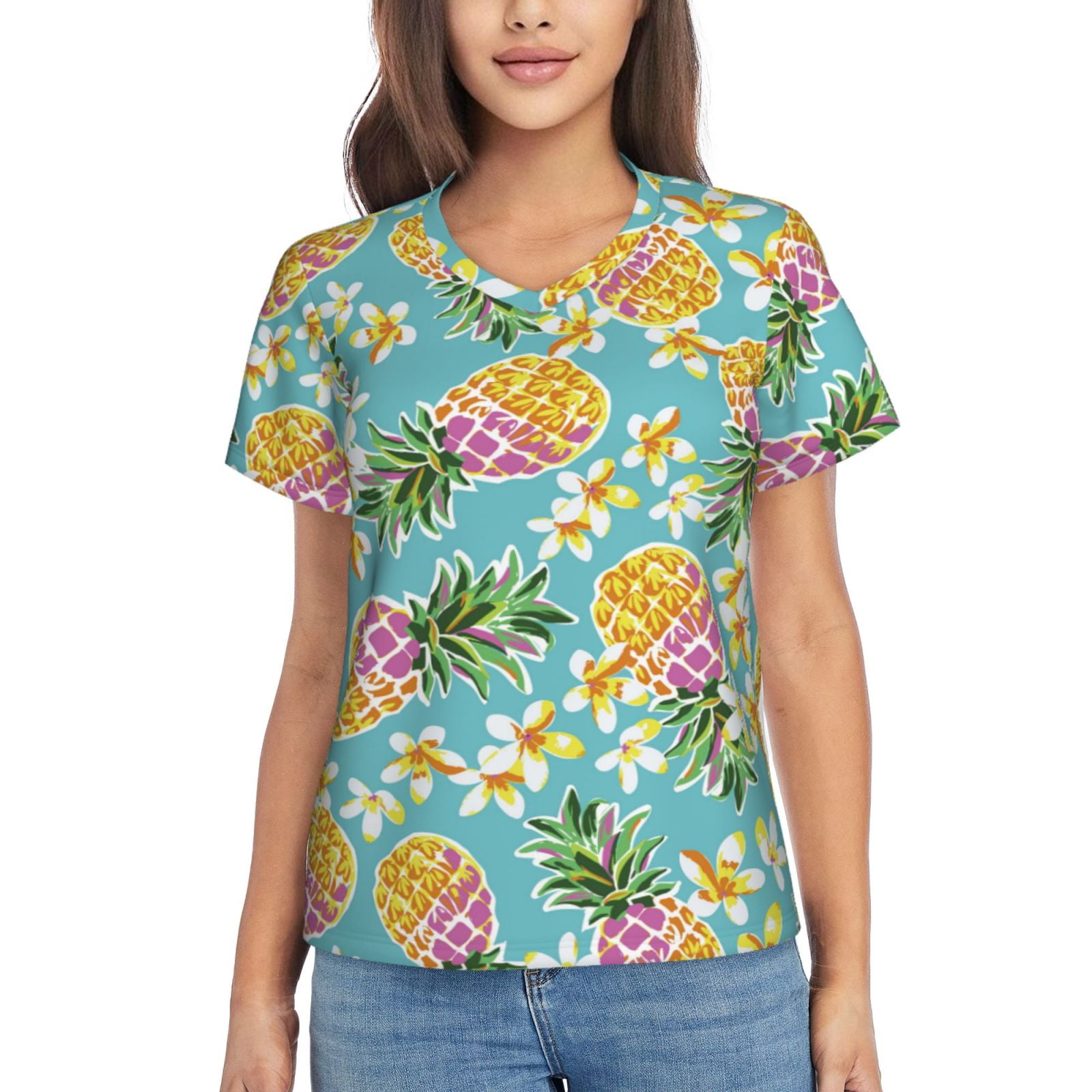 Coaee Cute Pineapples for Women's Classic Fit T Shirts Short Sleeve V Neck Casual Tee Shirt ...