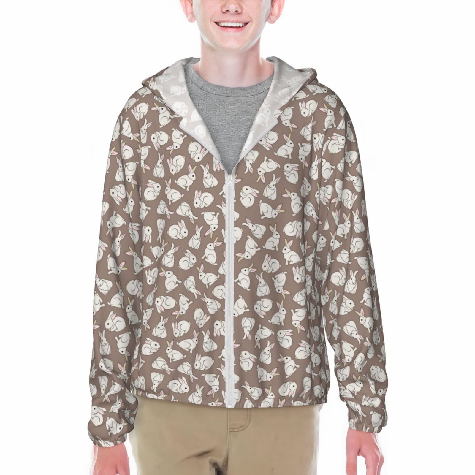 Coaee Cute Rabbit Print Teen's UPF 50+ Sun Protection Outdoor Lightweight Full Zip Hoodie Long ...