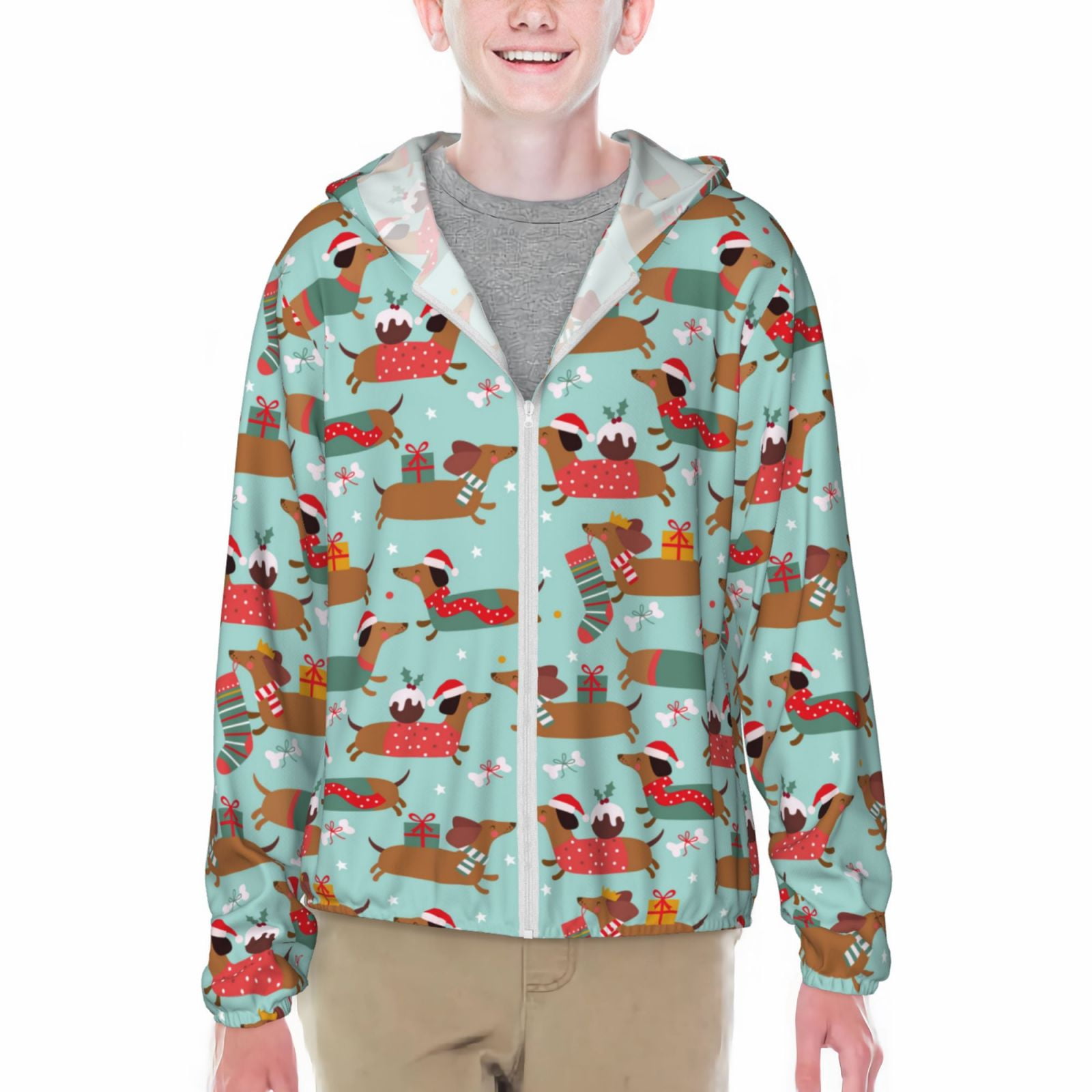 Coaee Dachshund Christmas Play Print Teen's UPF 50+ Sun Protection Outdoor Lightweight Full Zip ...