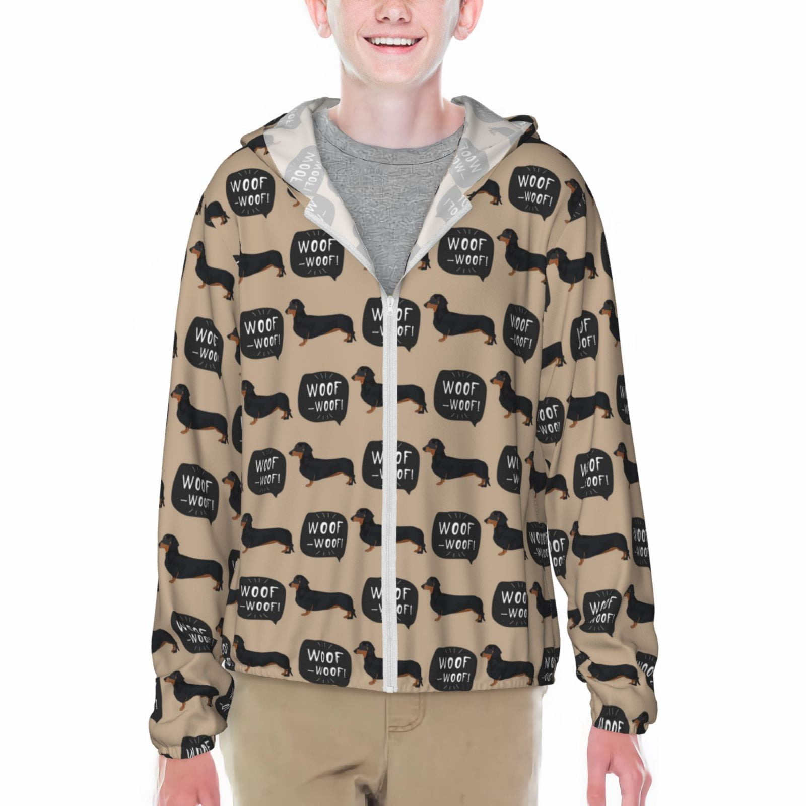 Coaee Dachshund Dog Woof Print Teen's UPF 50+ Sun Protection Outdoor Lightweight Full Zip Hoodie ...