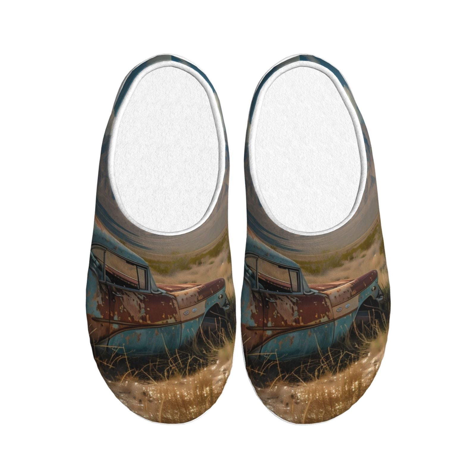 Coaee Deserted Classic Car Landscape for Mens Slippers Indoor Slip On ...