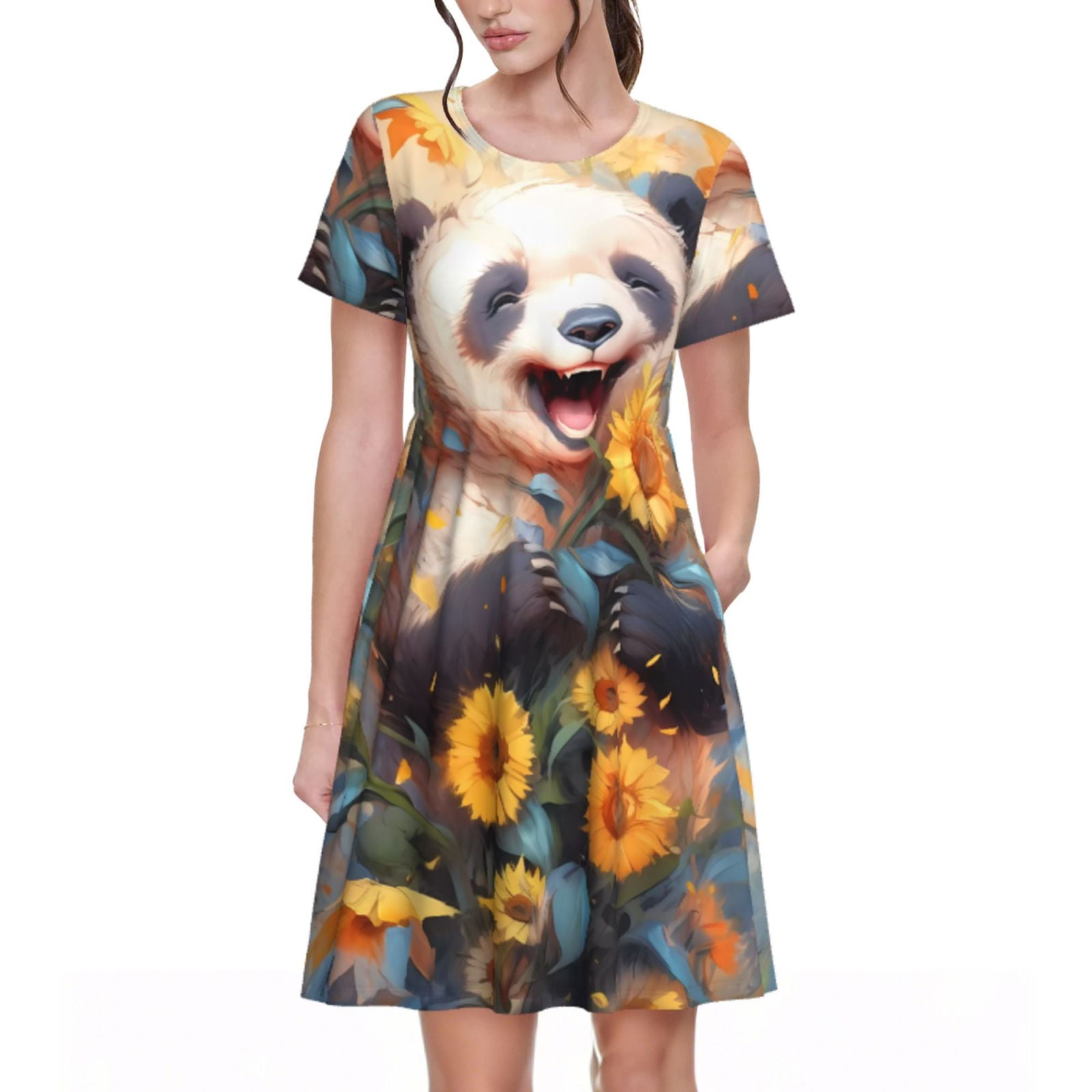 Coaee Elegant Cute Panda Sunflower for Casual Dress for Women Short ...