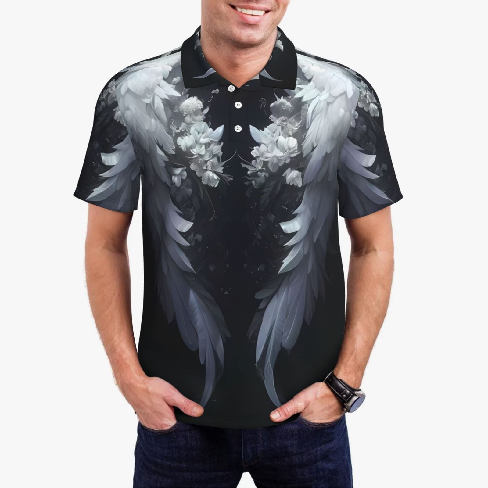 Coaee Elegant Feathered Floral Wings for Men's Polo Shirts Mens Polo ...