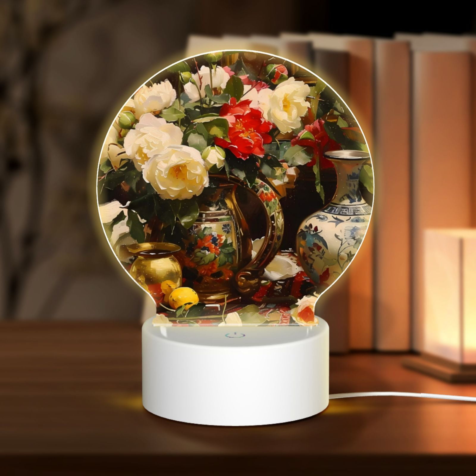 Coaee Elegant Still Life Roses for Round Acrylic LED Desk Lamp 3 Color ...