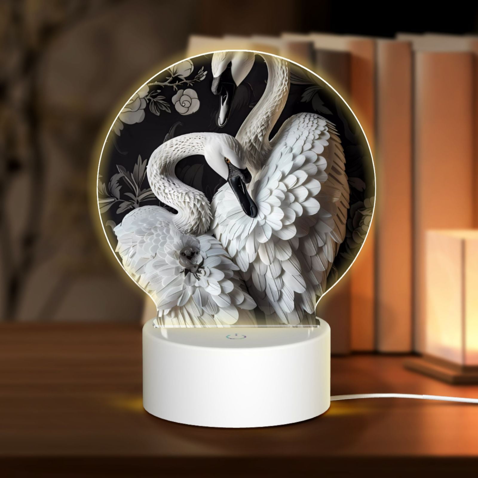 Coaee Elegant Swans Black Background for Round Acrylic LED Desk Lamp 3 ...