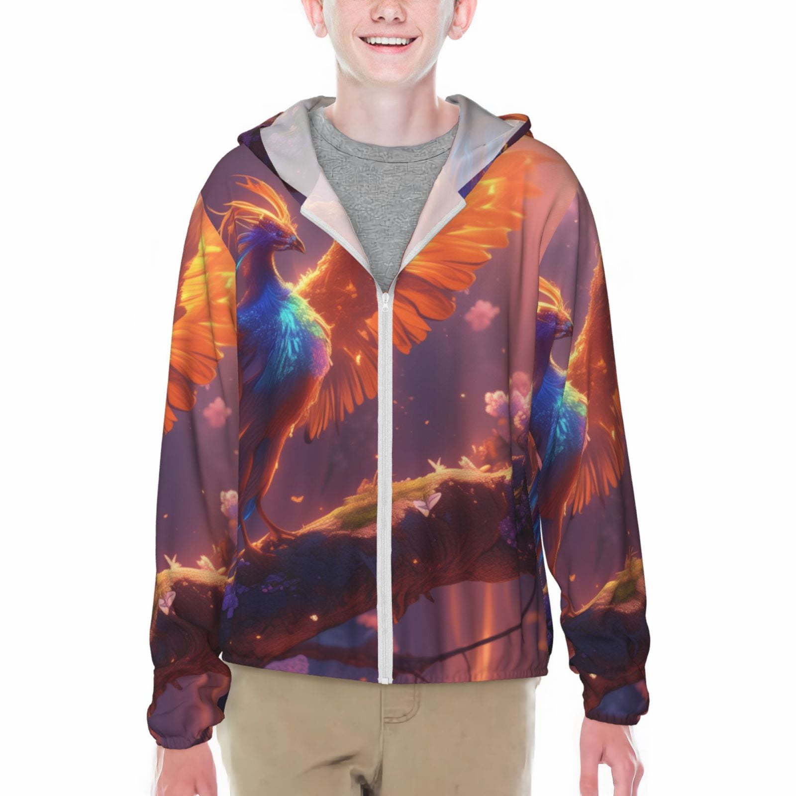 Coaee Fantasy Bird Illustration Print Teen's UPF 50+ Sun Protection Outdoor Lightweight Full Zip ...