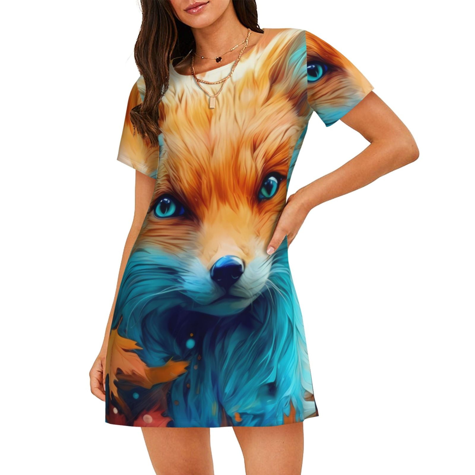 Coaee Fiery Red Maple Leaf Fox for Women's Short-sleeved Nightdress ...