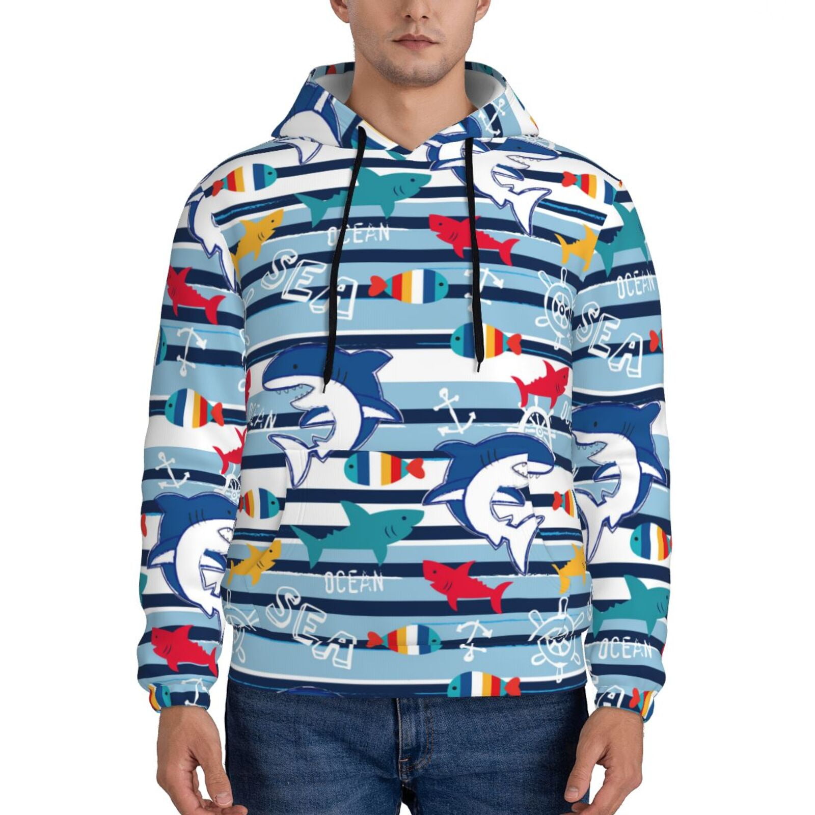 Coaee Fish And Shark for Adult Hoodie Pullover Sweatshirt for Men Hooded Sweatshirt for Men ...
