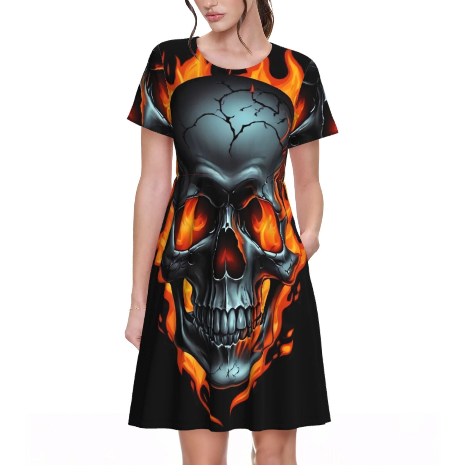 Coaee Flame Metal Skull for Casual Dress for Women Short Sleeve Dresses ...