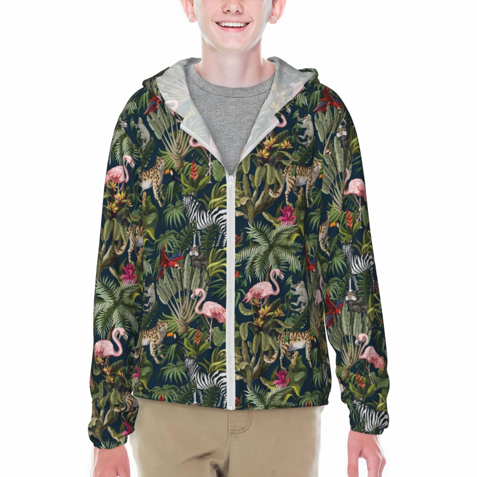 Coaee Flamingos And Palm Leaves Print Teen's UPF 50+ Sun Protection Outdoor Lightweight Full Zip ...
