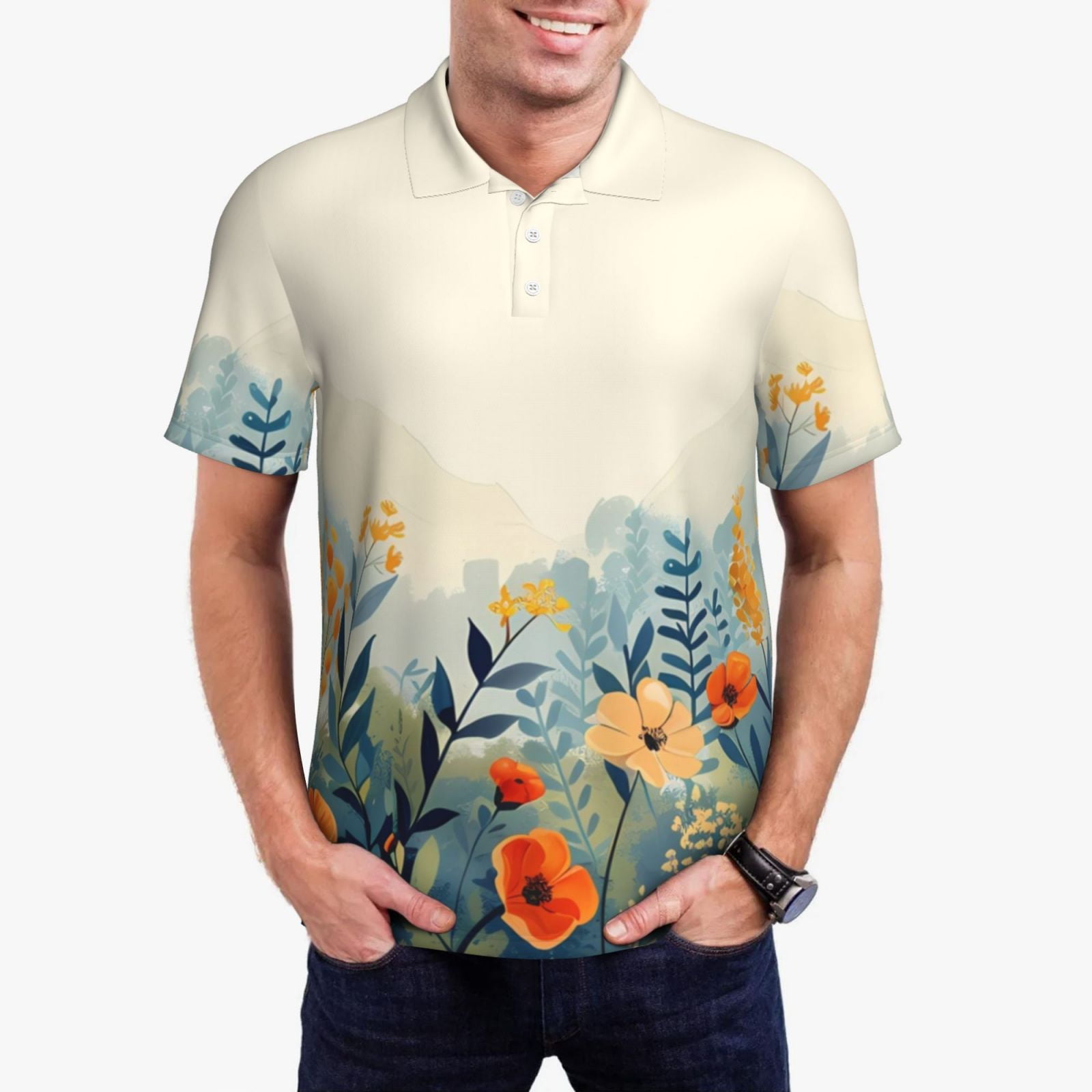 Coaee Floral Mountain Landscape for Men's Polo Shirts Mens Polo Shirts ...