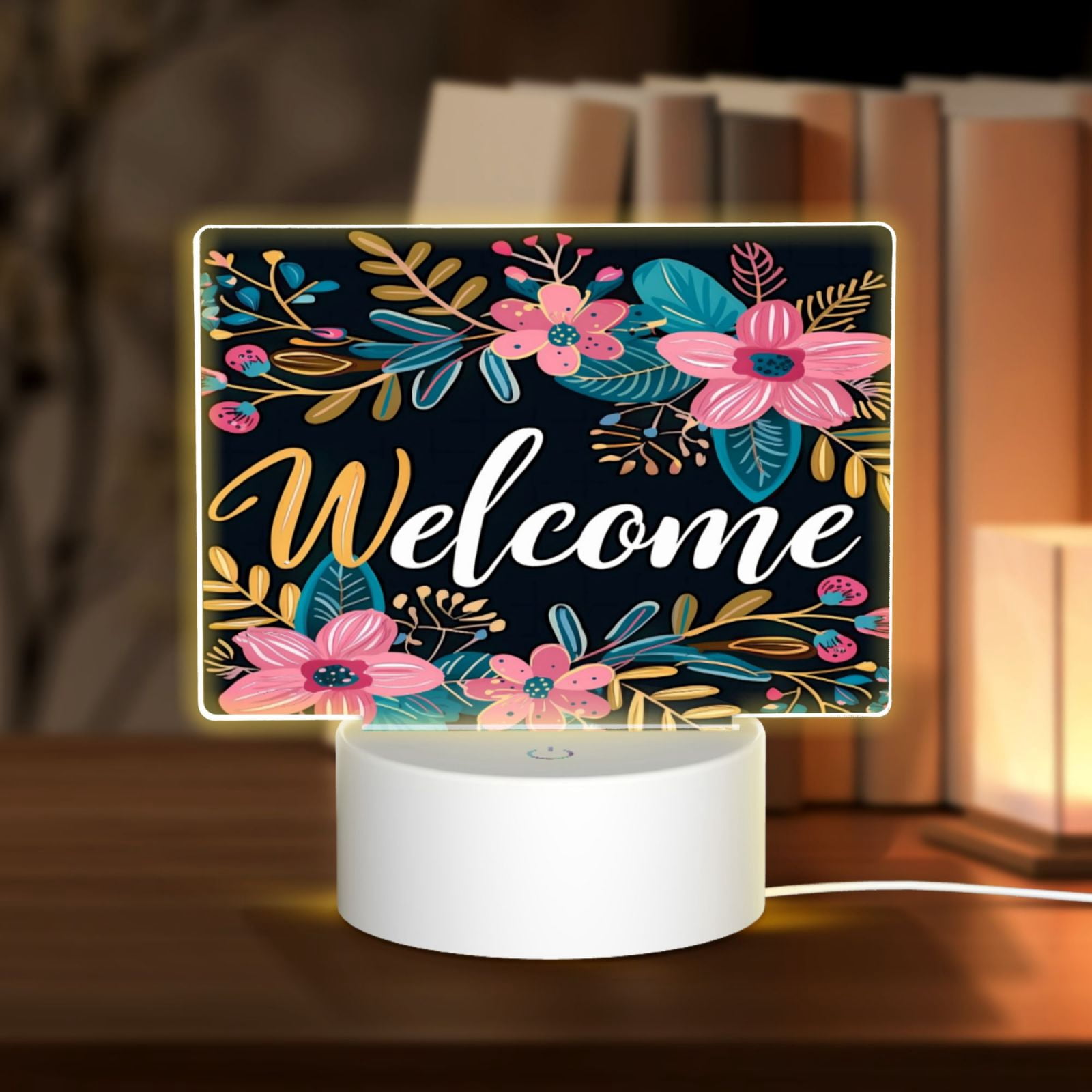 Coaee Floral Welcome Sign for Rectangular Acrylic LED Desk Lamp 3 Color ...