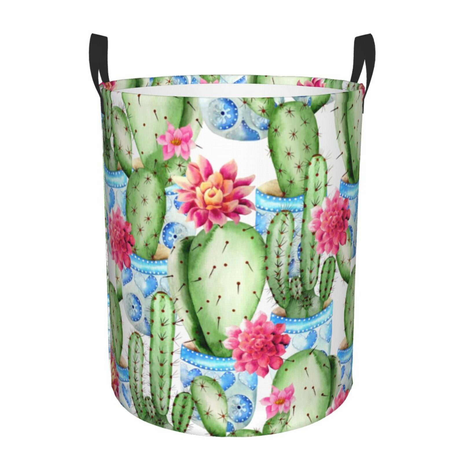 Coaee Flowers and Cactus Laundry Basket with Handle, Waterproof Round ...