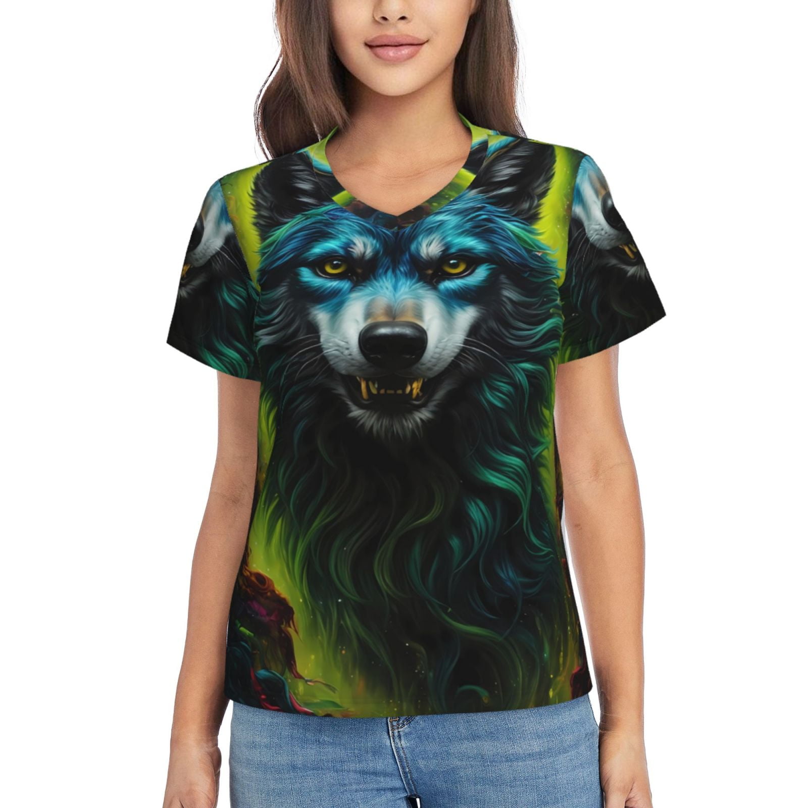 Coaee Fluorescent Wolf for Women's Classic Fit T Shirts Short Sleeve V ...