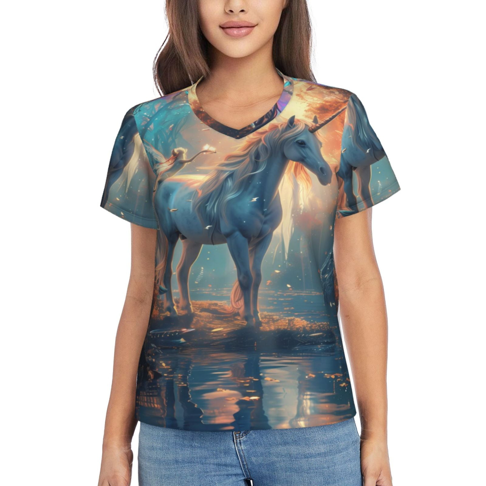 Coaee Forest Lake White Horse for Women's Classic Fit T Shirts Short ...