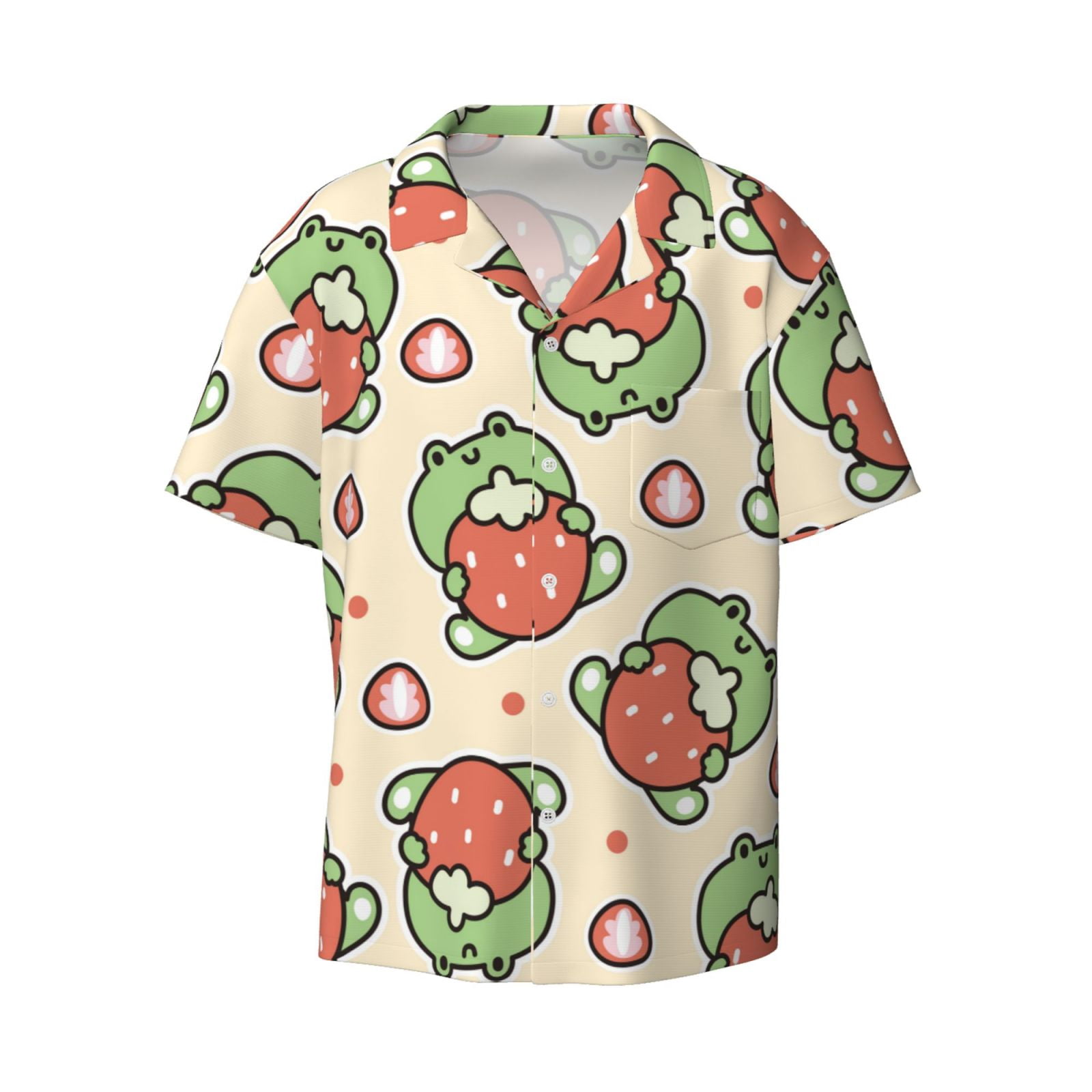 Coaee Frog Hold Strawberry Men's Casual Button Down Shirt, Short Sleeve ...