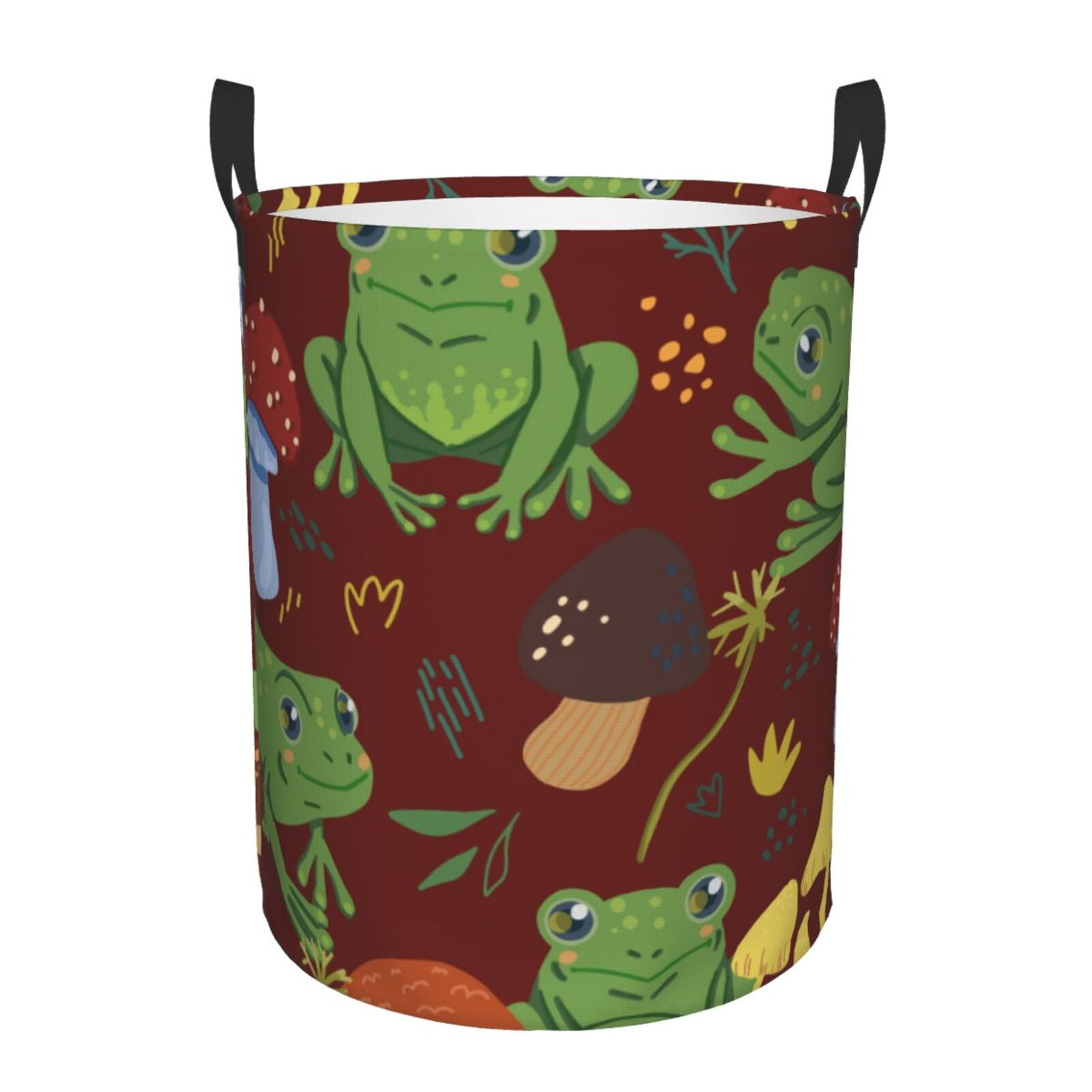 Coaee Frogs and Mushrooms Laundry Basket with Handle, Waterproof Round ...